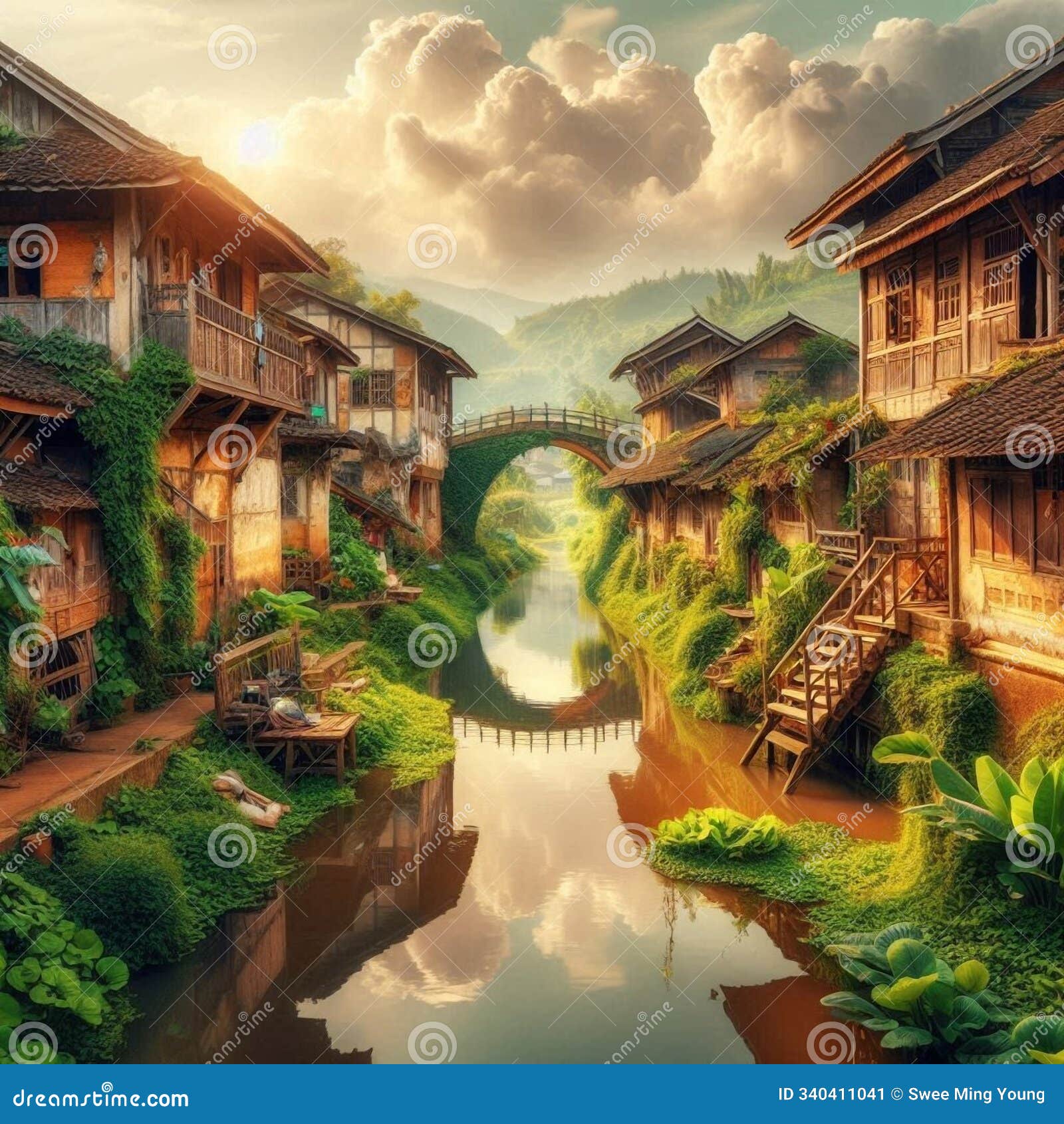 Idyllic Old Rustic Village Landscape on Green Vegetation Walls with a ...