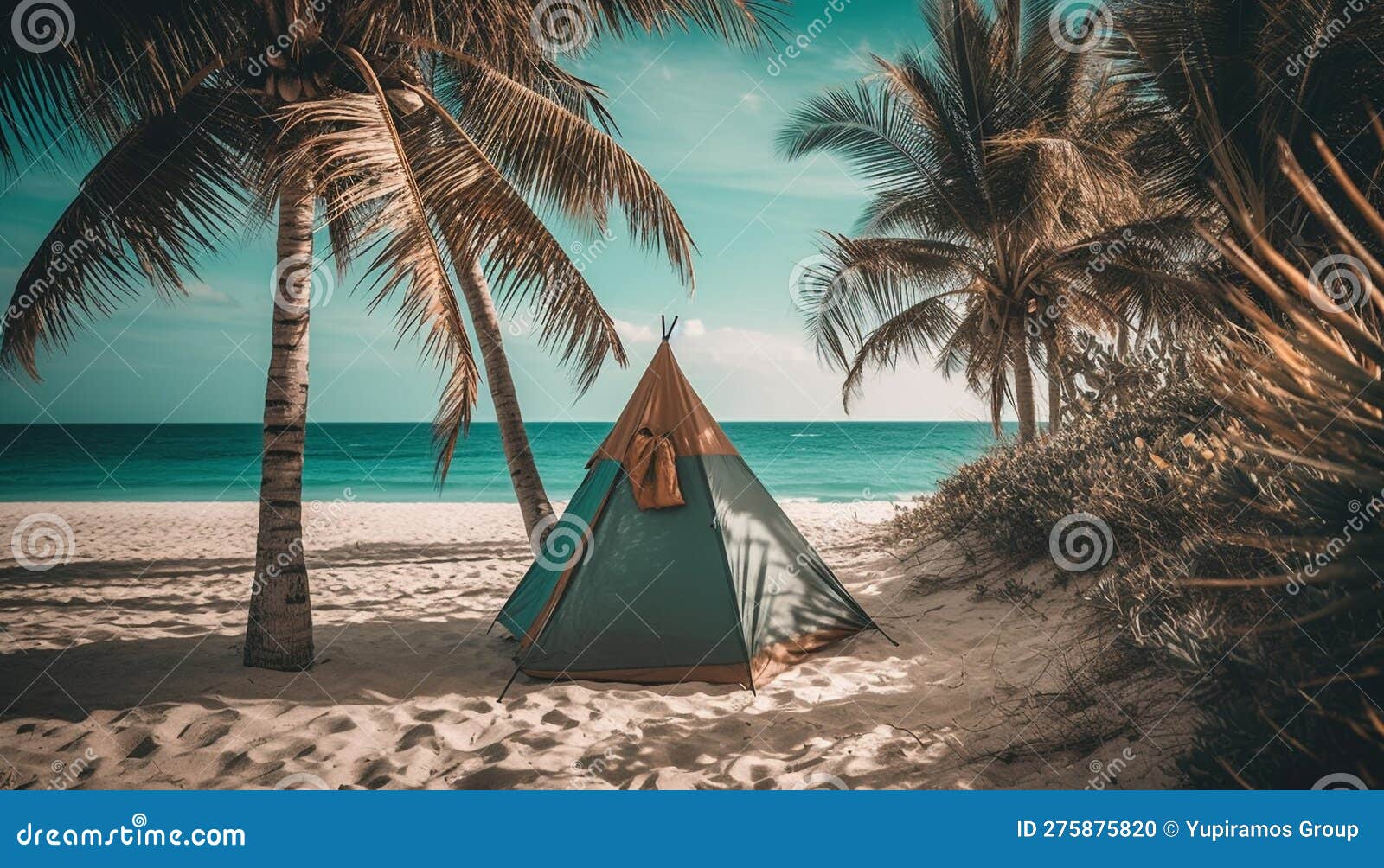 Idyllic Palm Tree Tent on Tranquil Coastline Generated by AI Stock ...