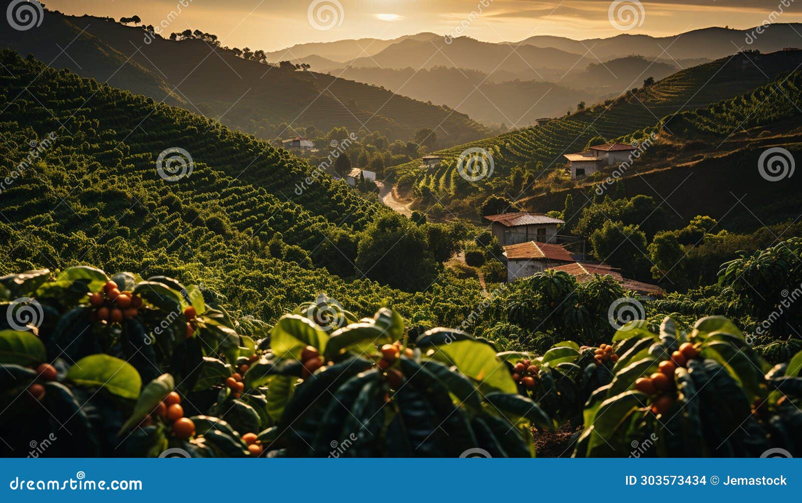 Idyllic Rural Scene Sunset Over Green Mountains, Vineyard, and Terraced ...