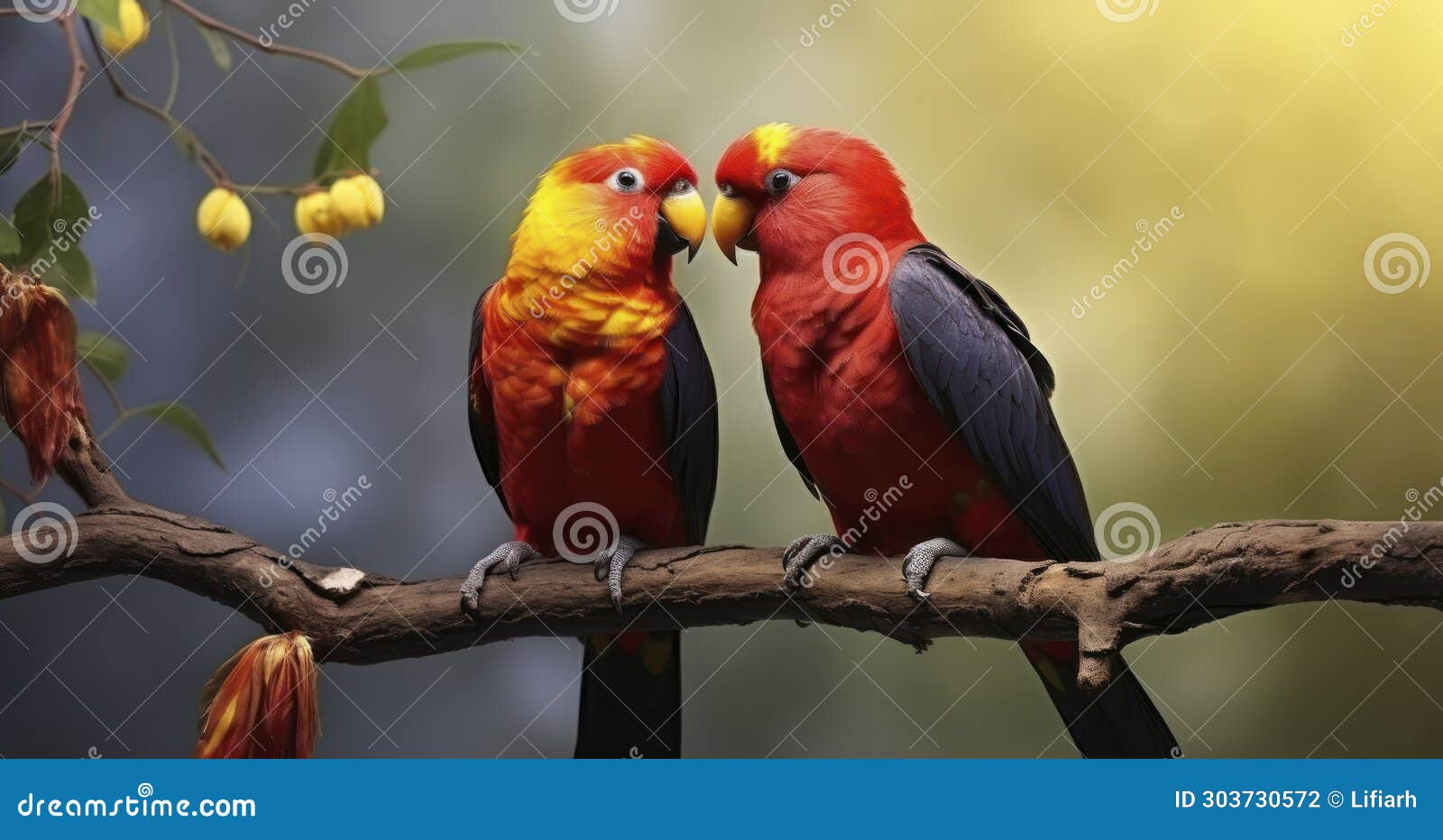 The Idyllic Scene of Two Parrots Together on a Branch Stock ...