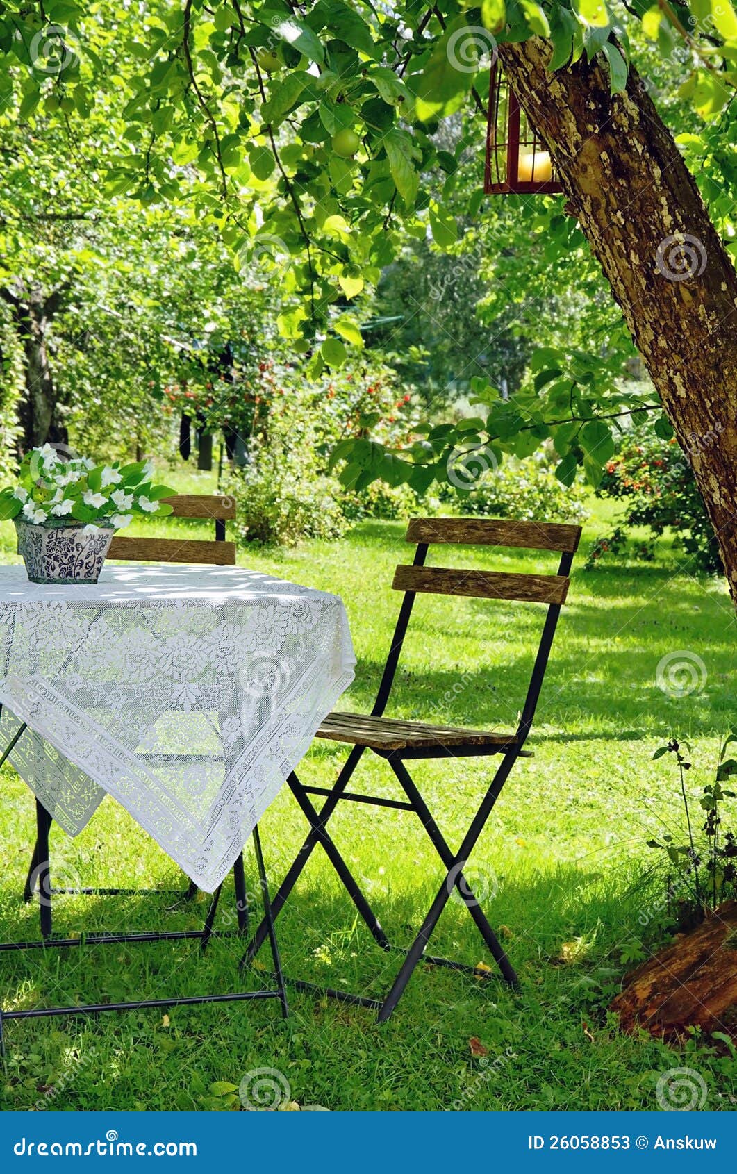 Idyllic Setting of a Table and Wooden Chair Stock Image - Image of ...