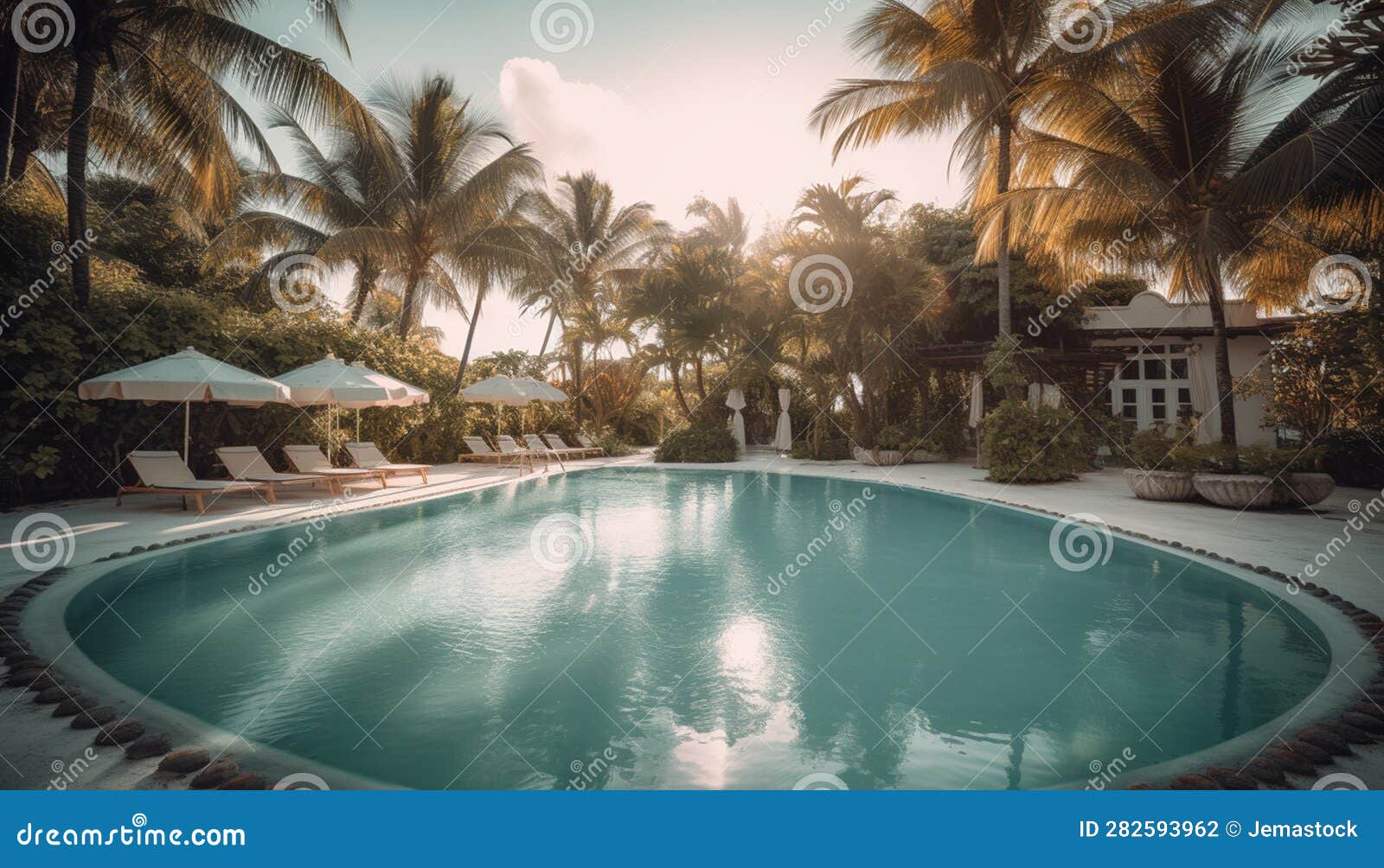 Idyllic Tropical Resort with Infinity Pool, Palm Trees, and Sunset ...