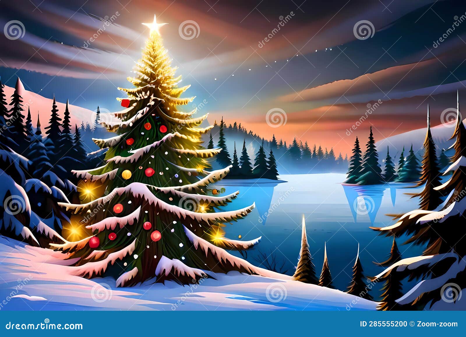 Idyllic Winter Landscape with Shining Christmas Tree Stock Photo ...