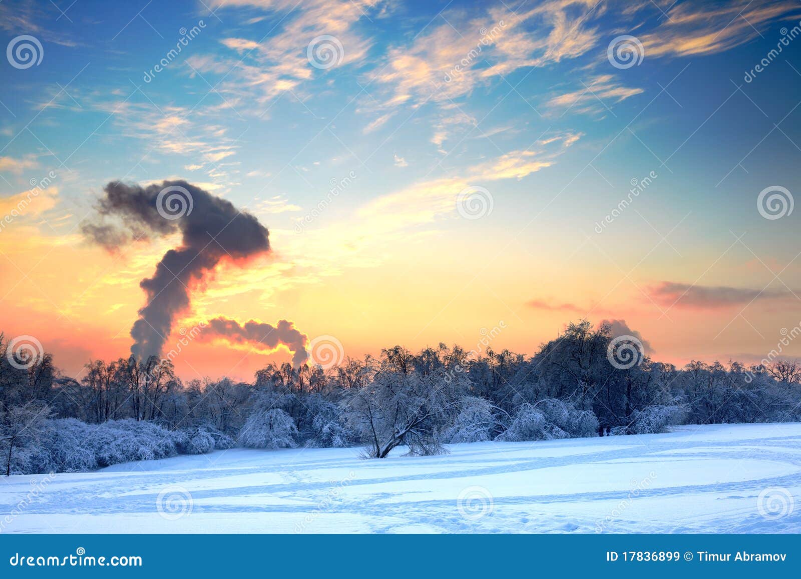 Idyllic Winter Landscape Spoiled by Factory Smoke Stock Image - Image ...