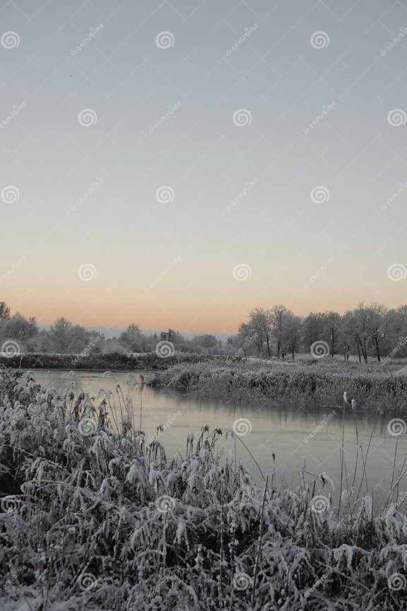 Idyllic Winter Scene of a Tranquil River Covered in a Layer of Ice ...