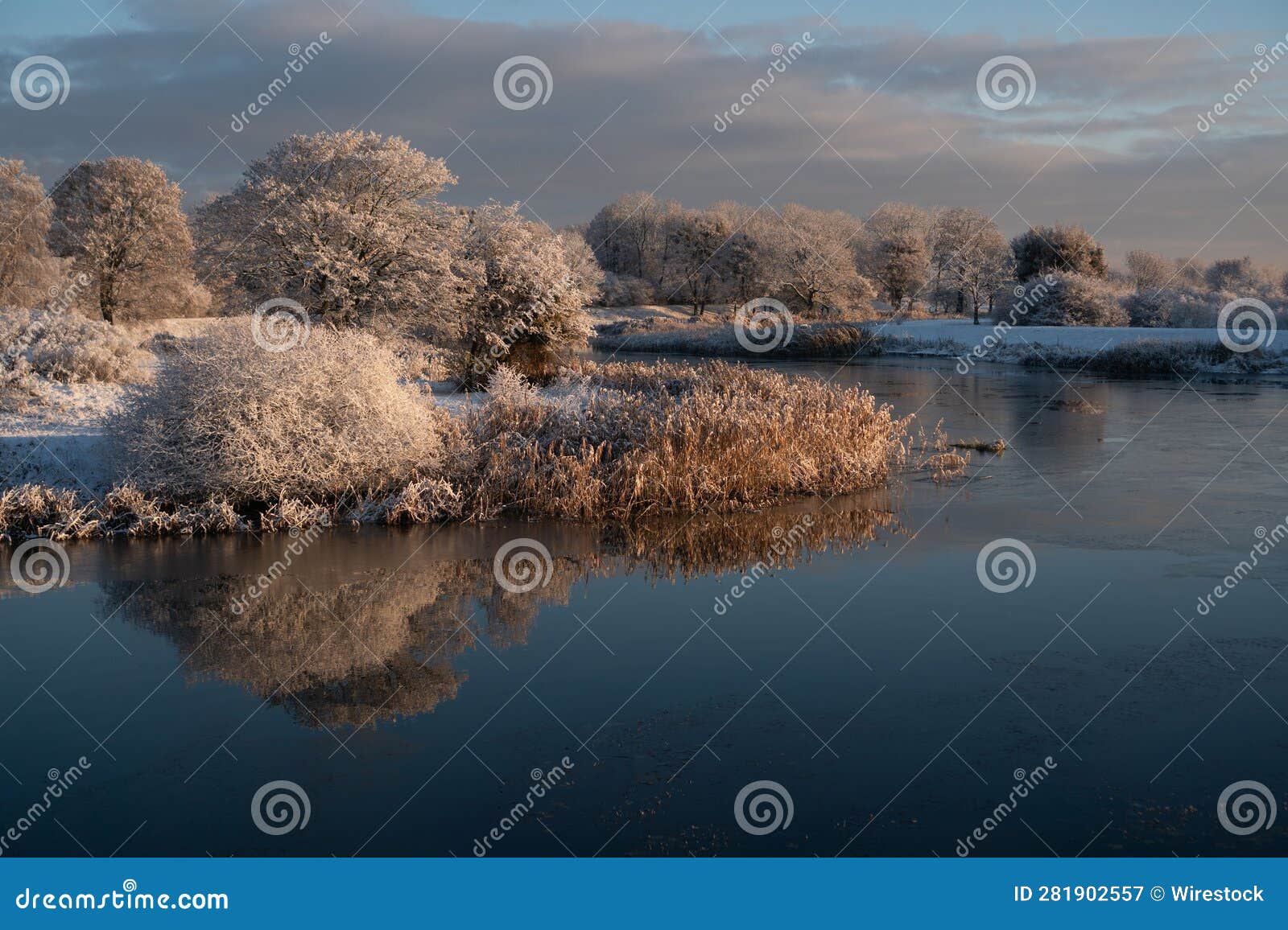 Idyllic Winter Scene of a Tranquil River Covered in a Layer of Ice ...