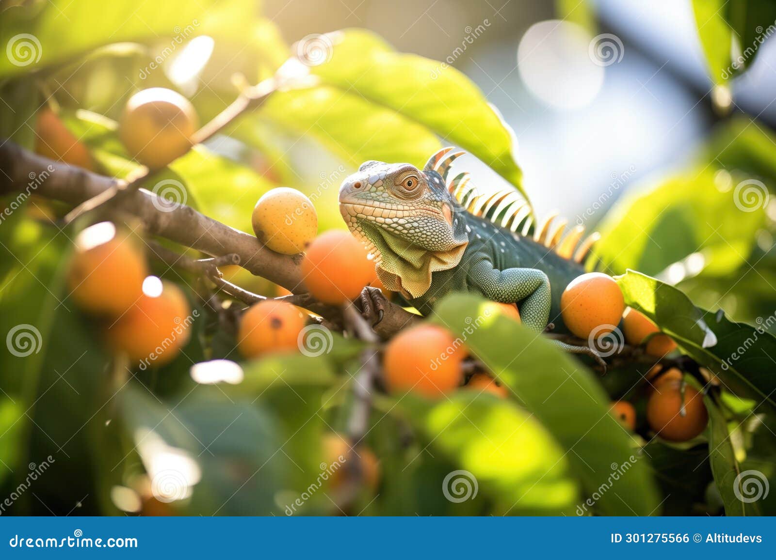 Iguana On A Tree, Green Iguana On A Tree Branch, Close-up Of Colored ...