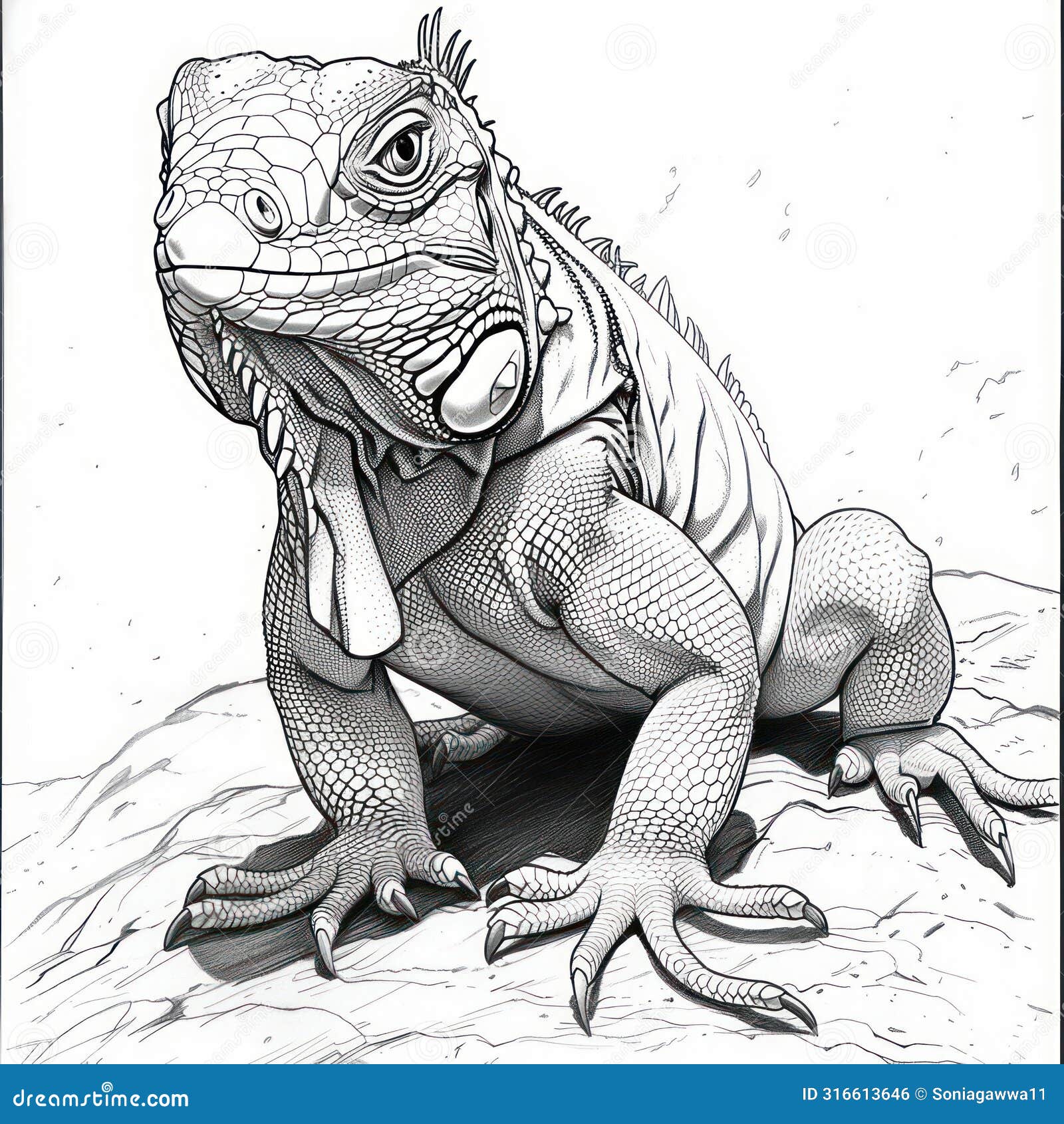 Iguana Drawing Coloring Book Page Stock Illustration - Illustration of ...