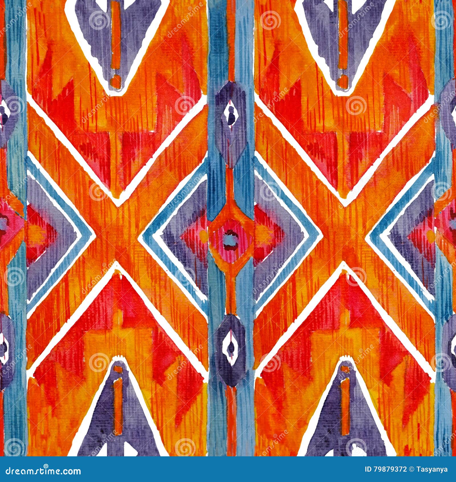 Ikat Geometric Red and Orange Authentic Pattern in Watercolour Style ...