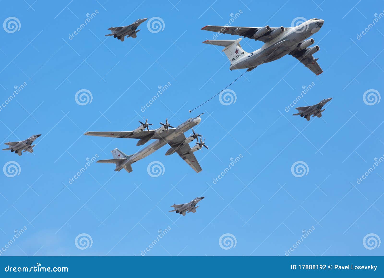 Il-76 and Tu-95ms Planes Accompanied by Fighters Editorial Photography ...