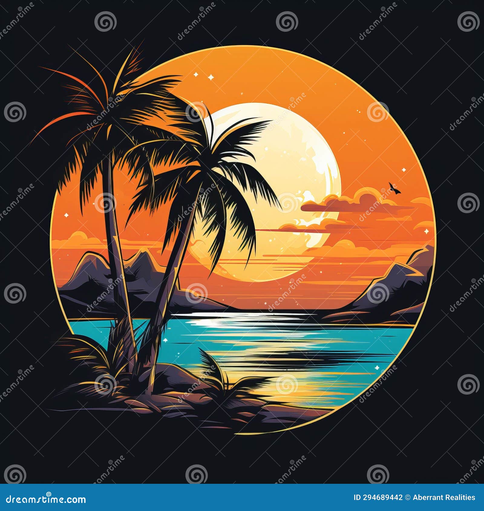 Ilha Tropical Com Palmeiras E Lua Cheia Sobre Fundo Negro Ilustração ...