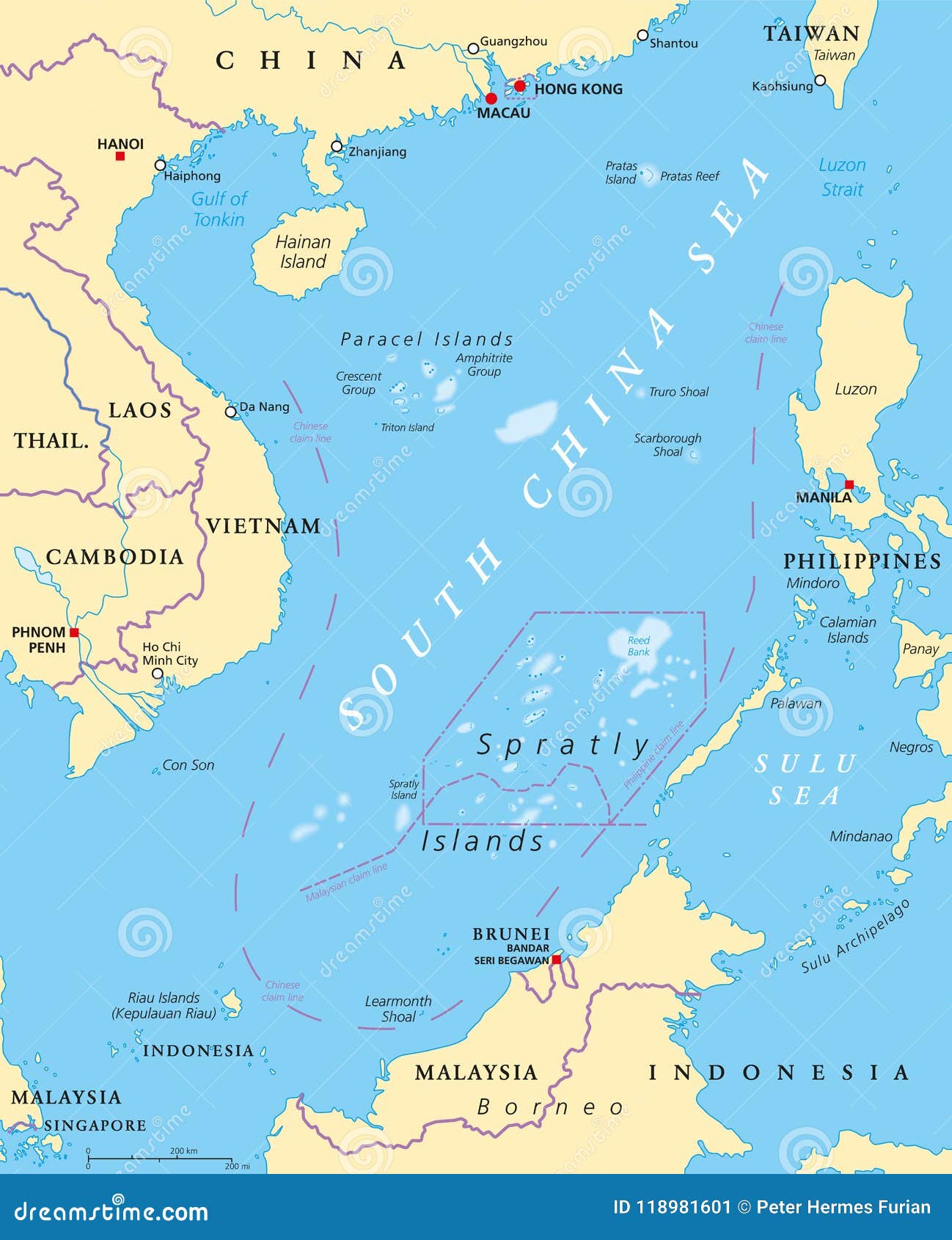 Ilhas Do Mar Do Sul Da China, Mapa Político Ilustração do Vetor ...