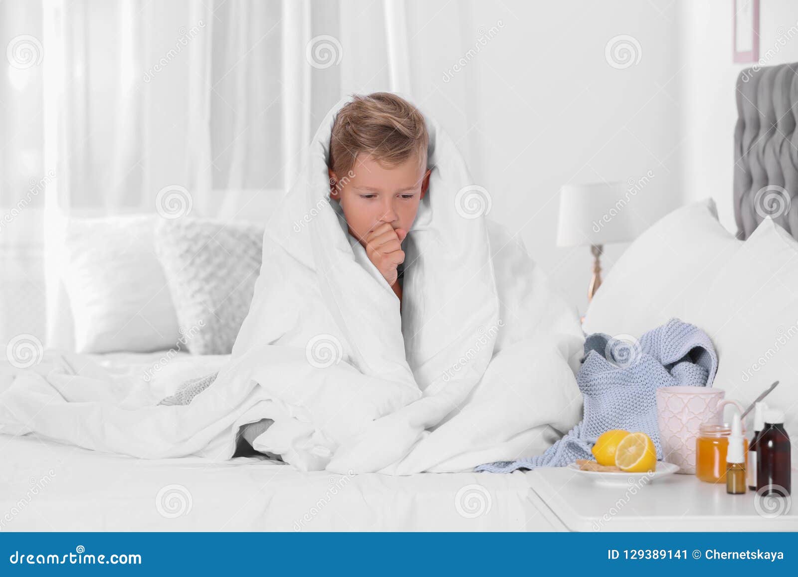 Ill Boy Suffering from Cough Stock Image - Image of sick, blanket ...