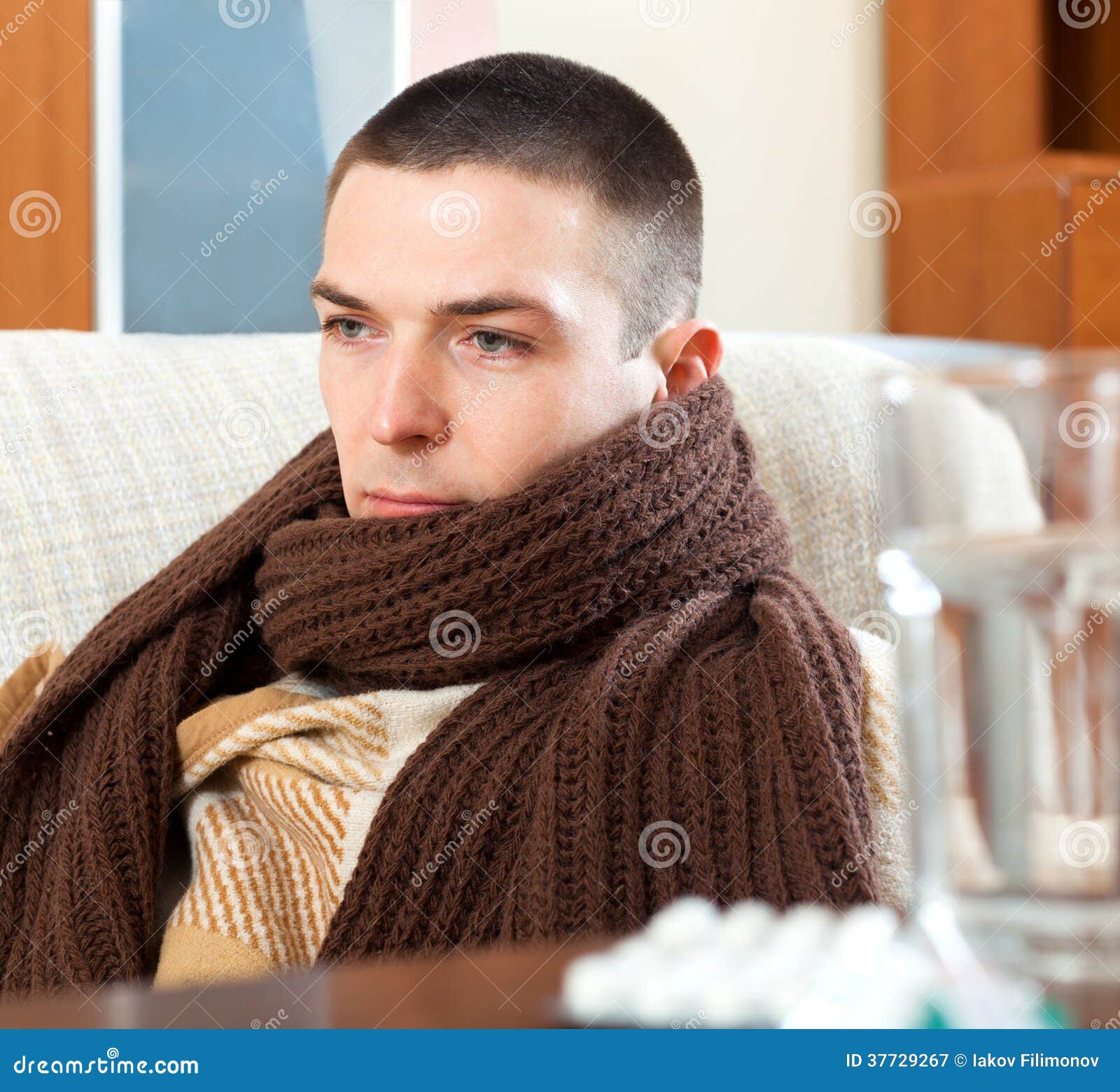 Ill sad man in warm scarf stock image. Image of problem - 37729267