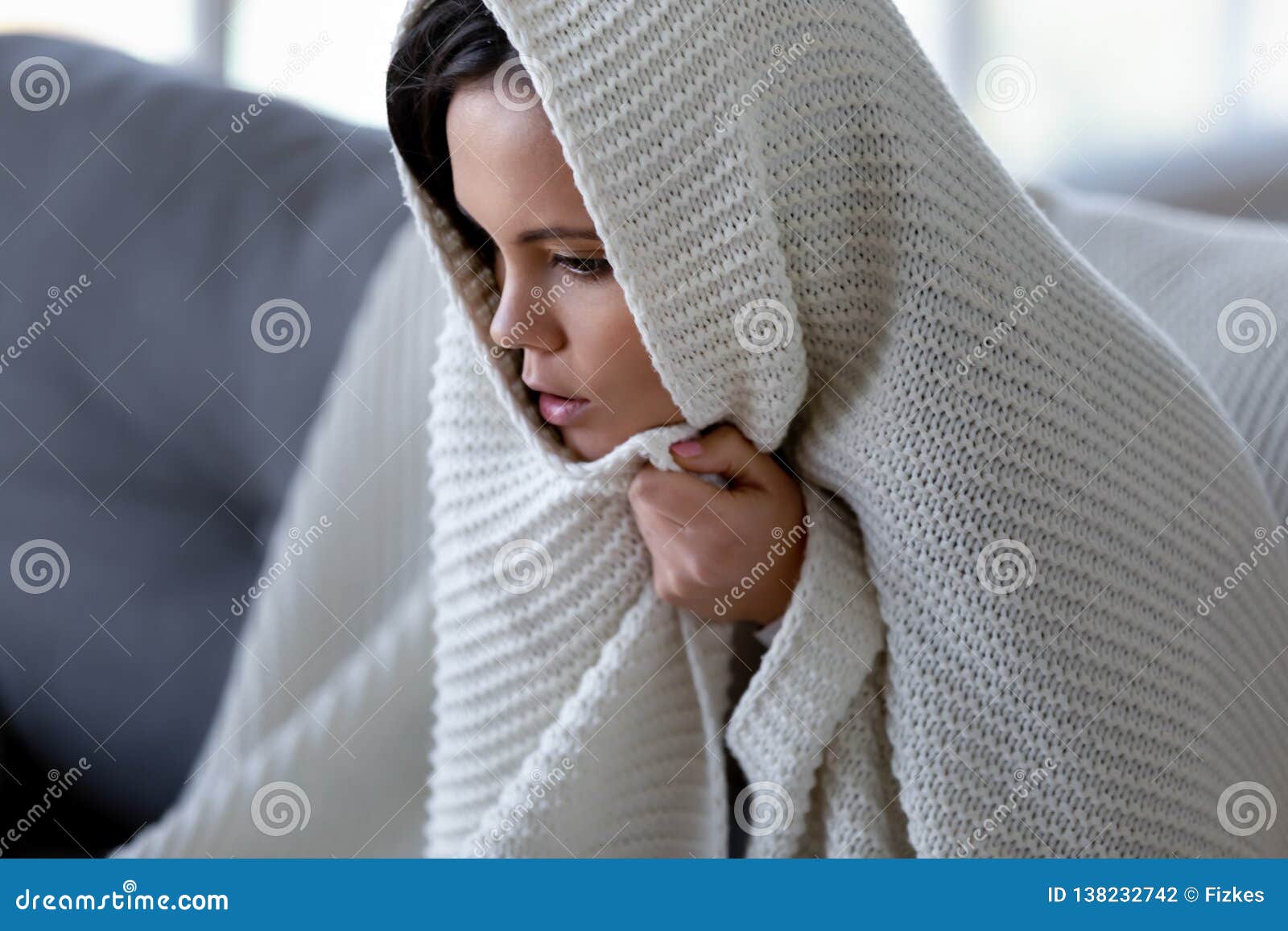 Ill Woman Feeling Cold Having Flu Symptoms Covered With Blanket Stock
