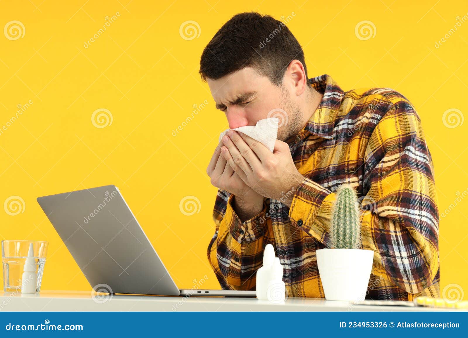 Ill Young Man Sitting on Workplace, Seasonal Cold Concept Stock Photo ...