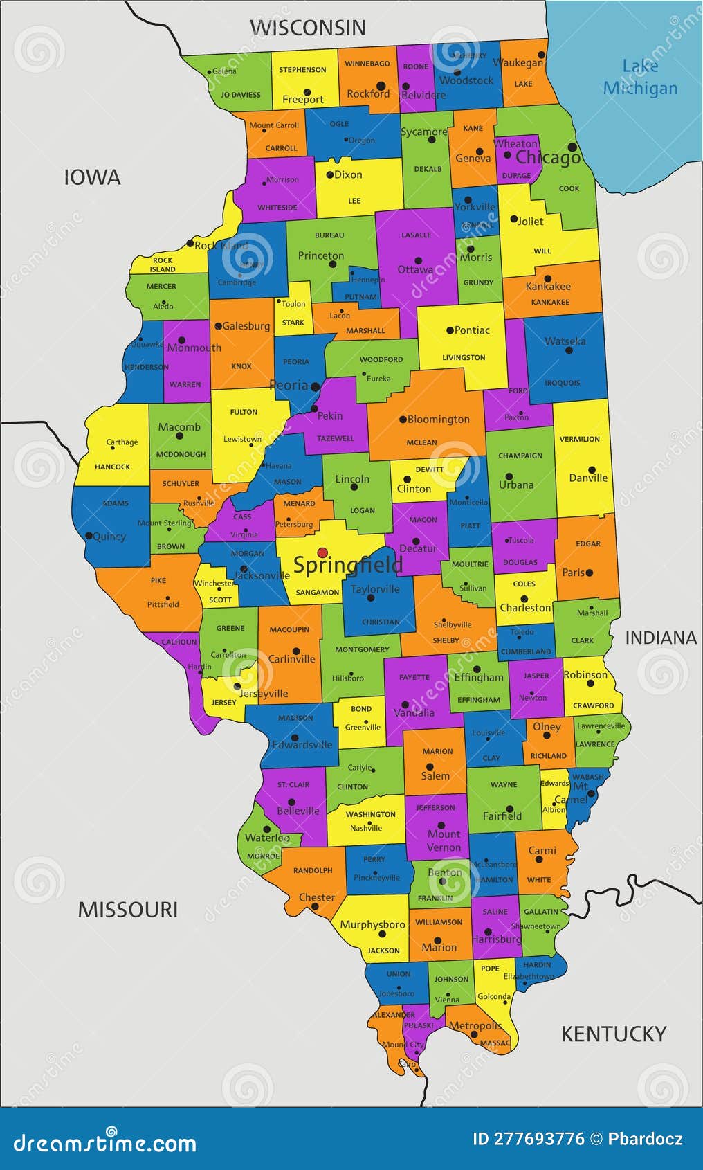Colorful Illinois Political Map with Clearly Labeled, Separated Layers ...