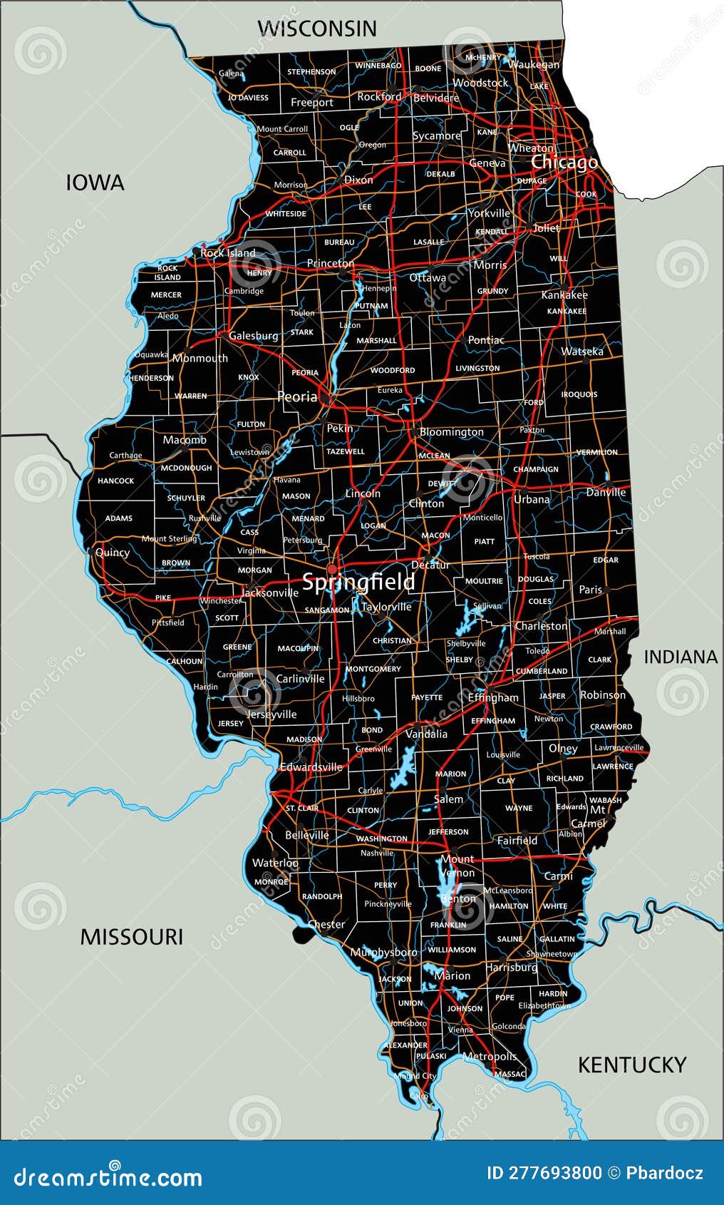 Detailed Illinois Road Map with Labeling. Stock Vector - Illustration ...