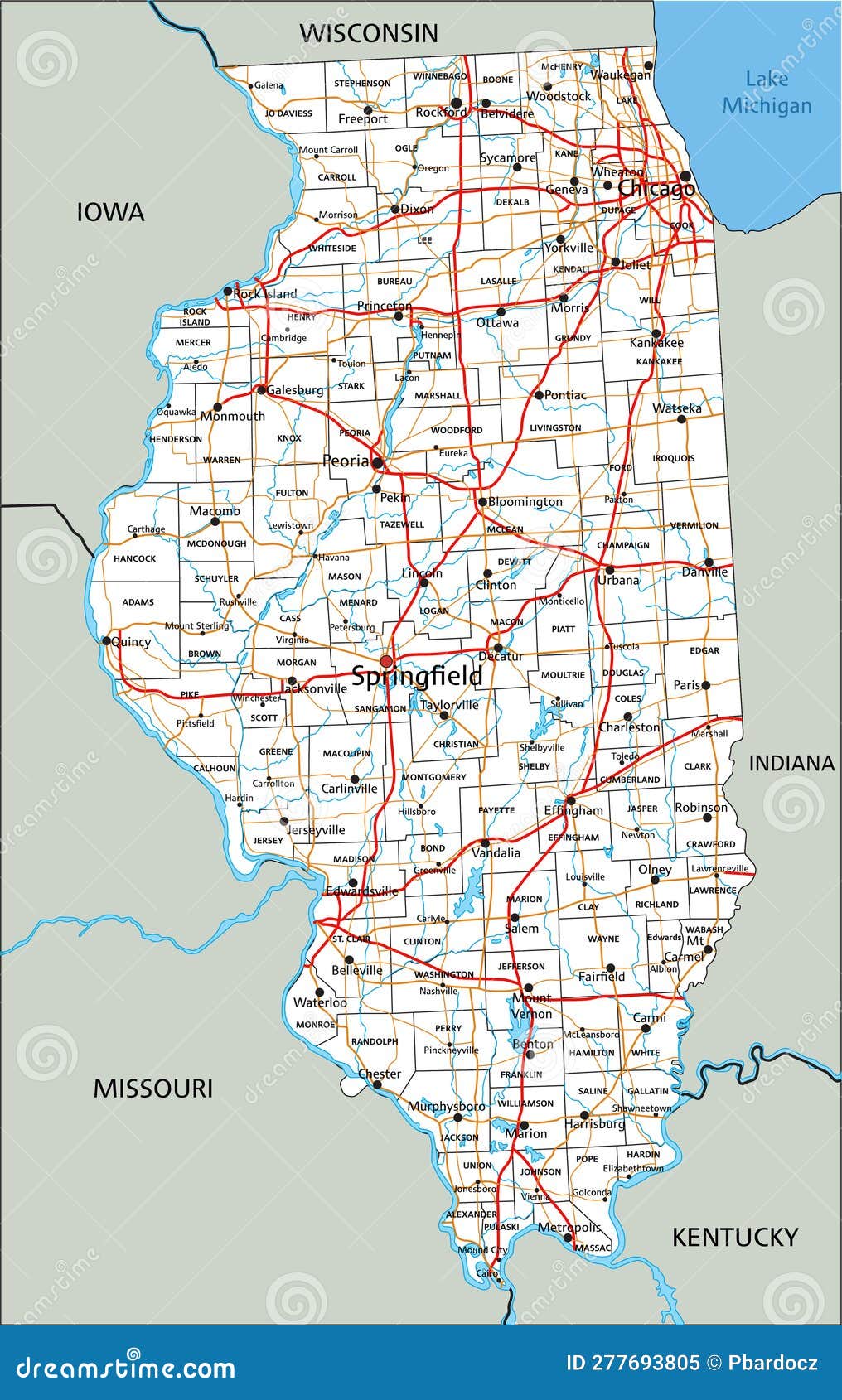 Detailed Illinois Road Map with Labeling. Stock Vector - Illustration ...