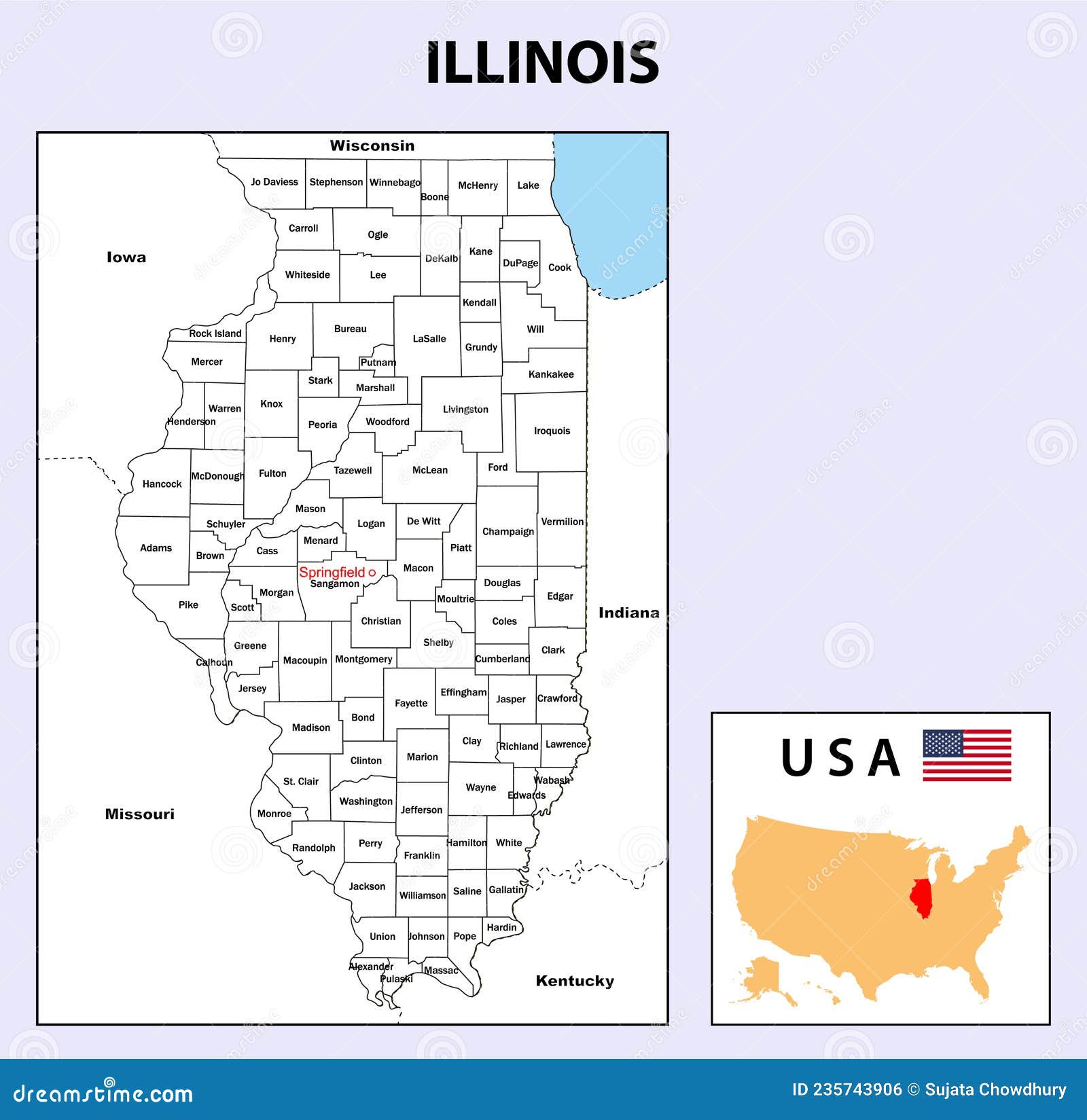 Illinois Map. Political Map of Illinois with Boundaries in White Color ...