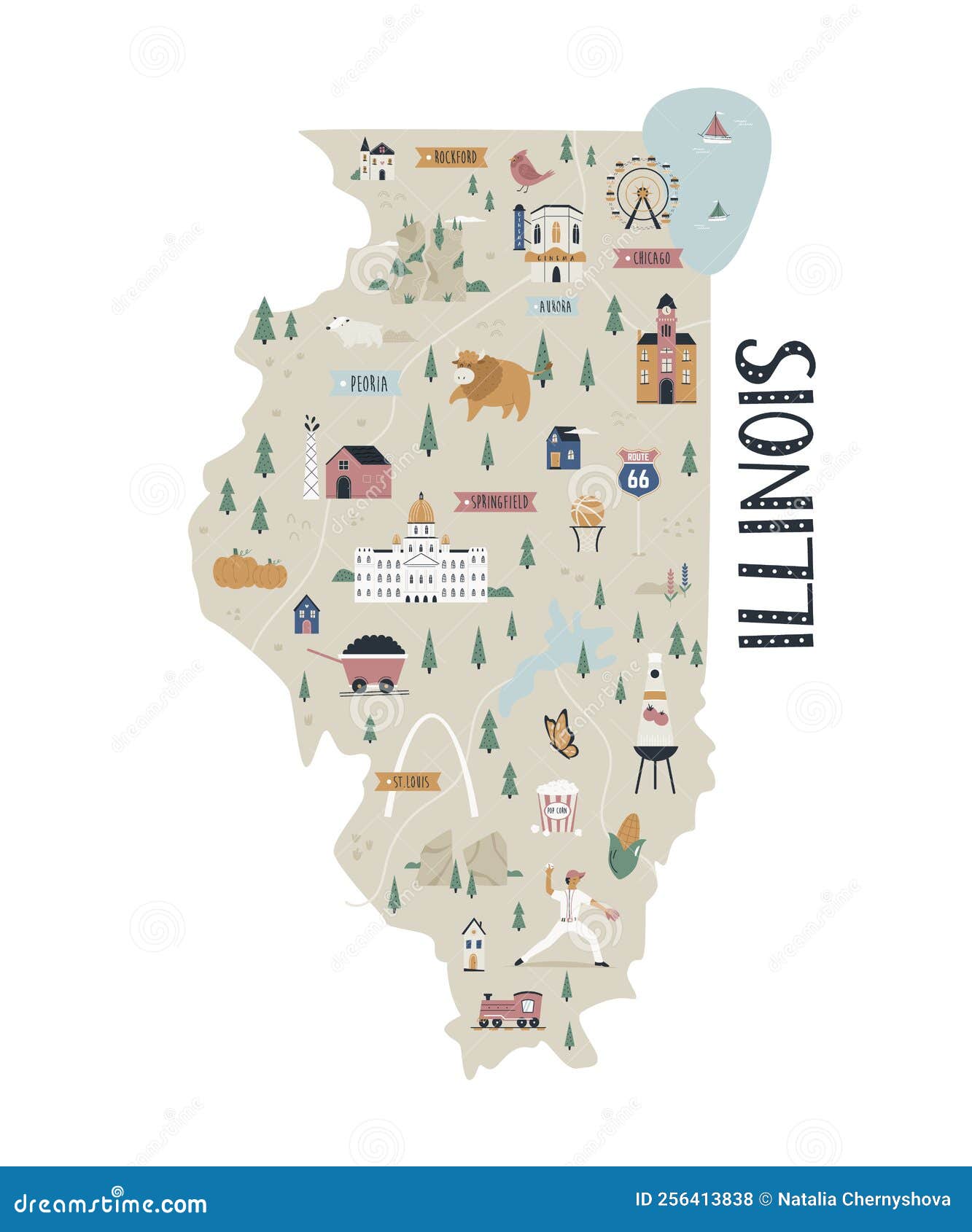 Illinois Map State with Landmarks and Symbols. Stock Vector ...