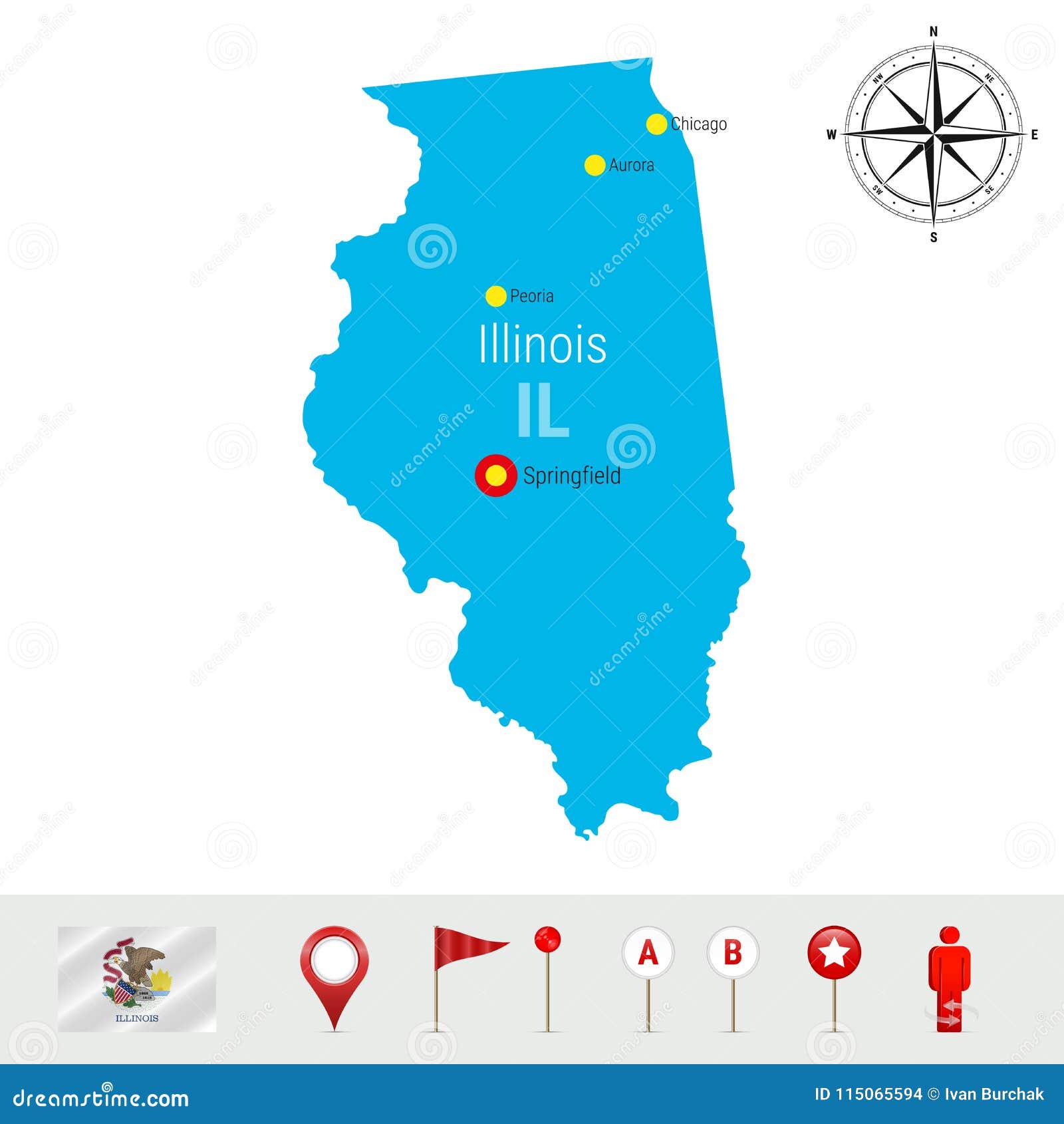 Illinois Vector Map Isolated on White Background. High Detailed ...