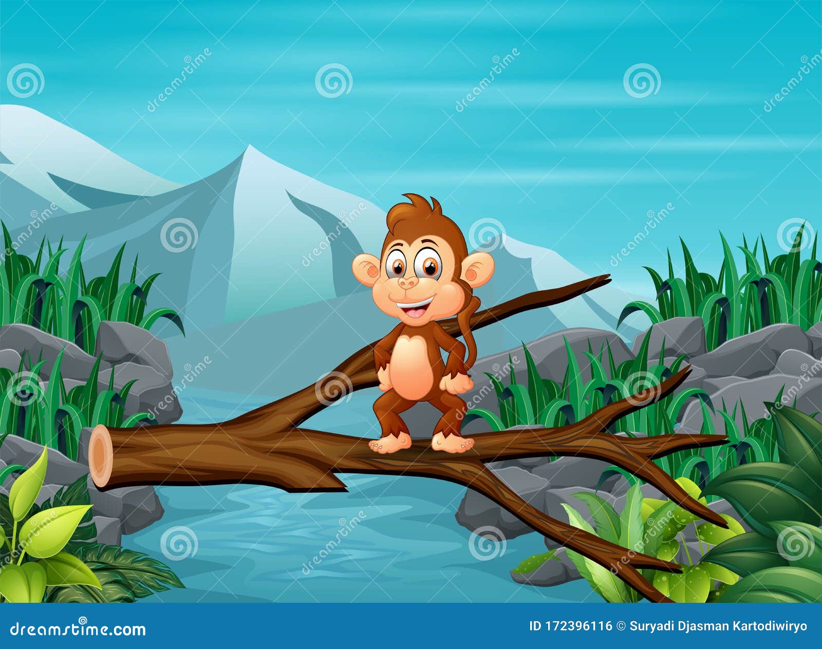 Illsutration of an Monkey Crossing a Tree Bridge Stock Vector ...