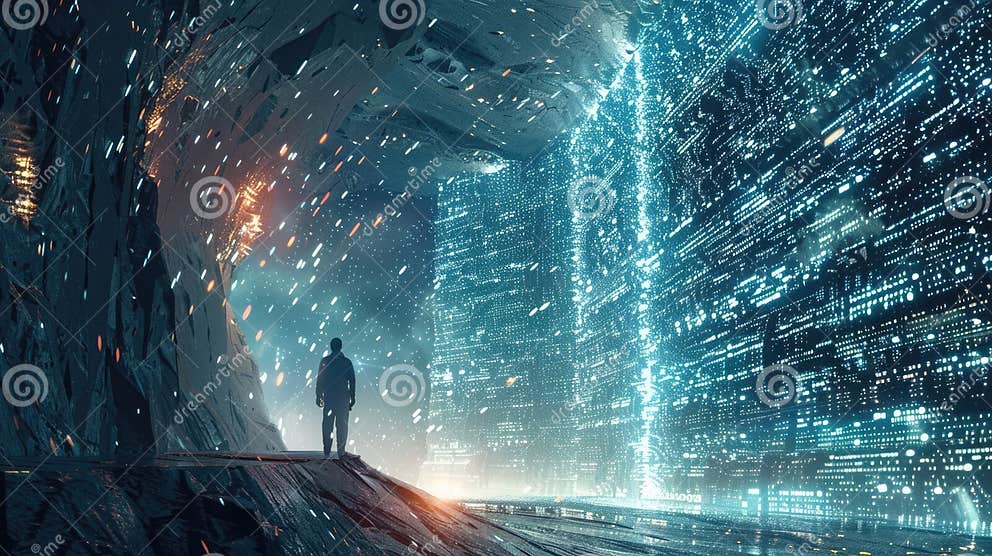 Illuminate Data Canyon with a Solitary Figure, Symbolizing the Profound ...