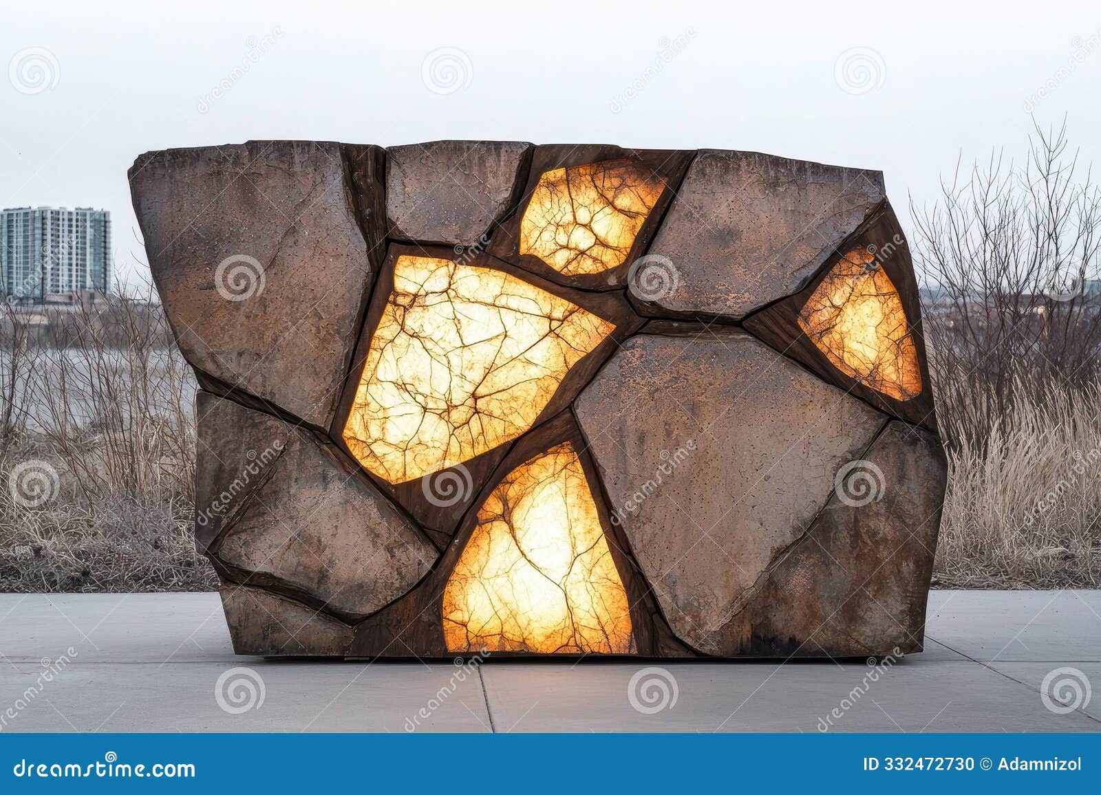 Illuminated Abstract Rock Sculpture In Urban Setting Royalty-Free Stock ...