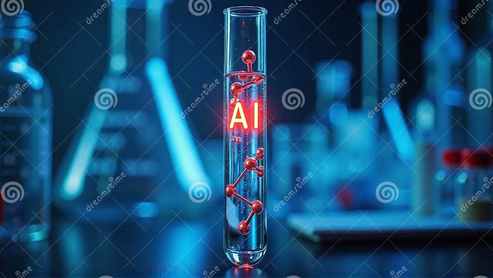 Illuminated AI in Lab Glassware with Molecule Structures. Scientists in ...