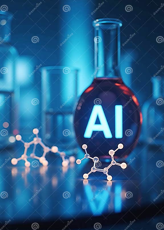Illuminated AI in Lab Glassware with Molecule Structures. Scientists in ...