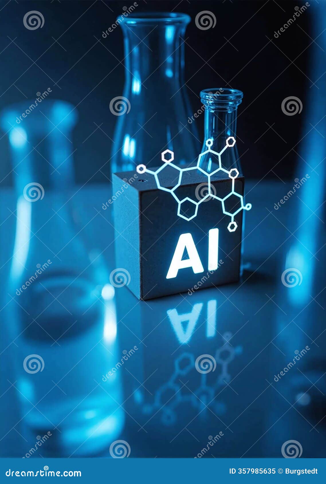 Illuminated AI in Lab Glassware with Molecule Structures. Scientists in ...