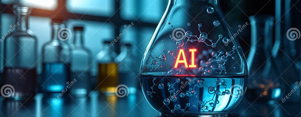 Illuminated AI in Lab Glassware with Molecule Structures. Scientists in ...
