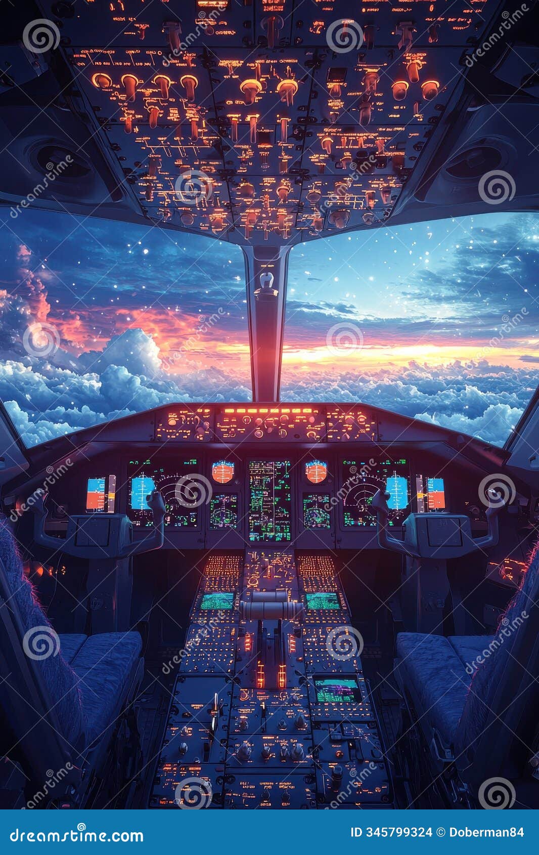 Illuminated Airplane Cockpit with Pilots in Flight during Sunset Stock ...