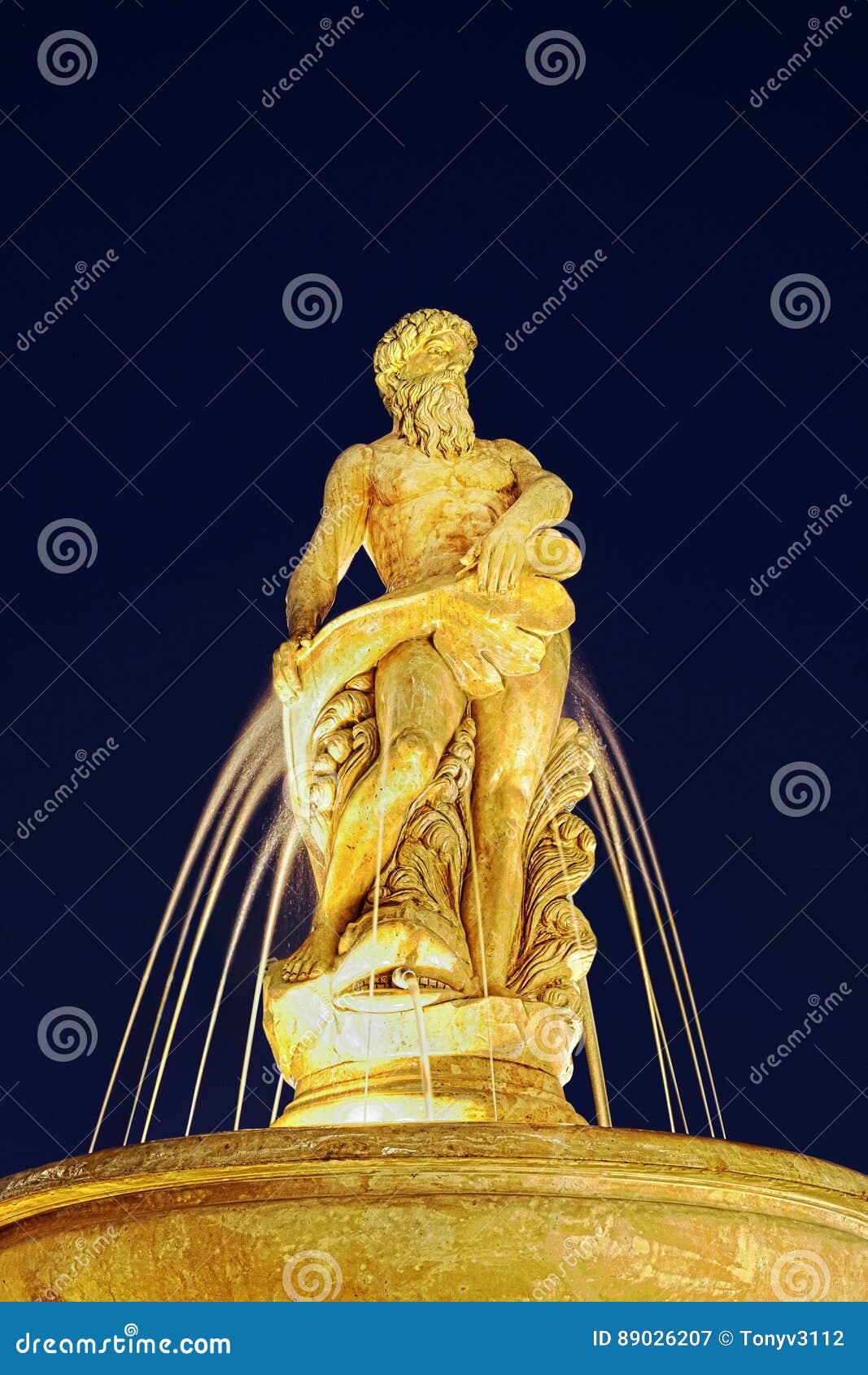 Illuminated Ancient Greece Style Statue at a Fountain Stock Image ...