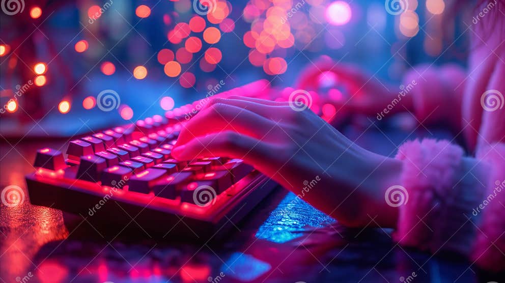 Close-up of Hands Typing on Backlit Keyboard with Festive Bokeh Lights ...