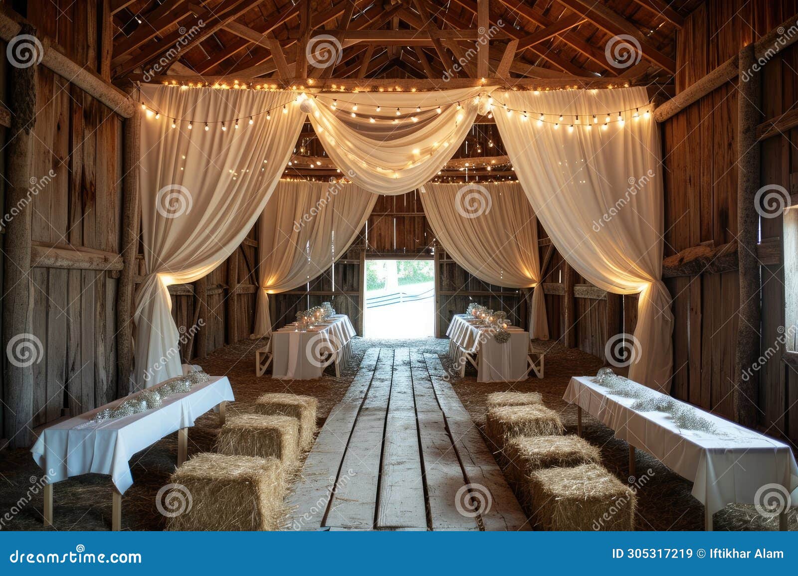 An Illuminated Barn Showcasing Hay Bales and Hanging Lights from the ...