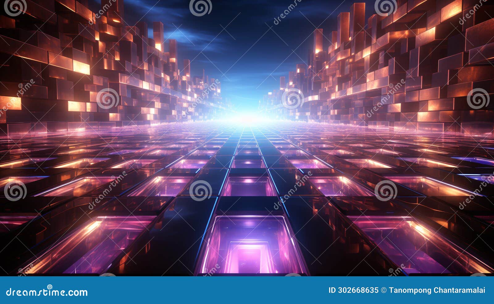 Illuminated Blocks Wall and Corridor Surreal Landscape with Light Rays ...