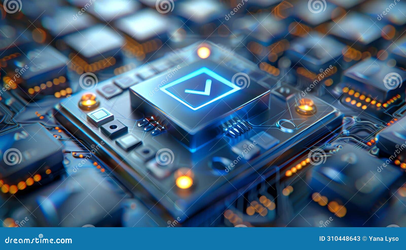 Illuminated Blue Checkmark on a Circuit Board. Concept of Technology ...