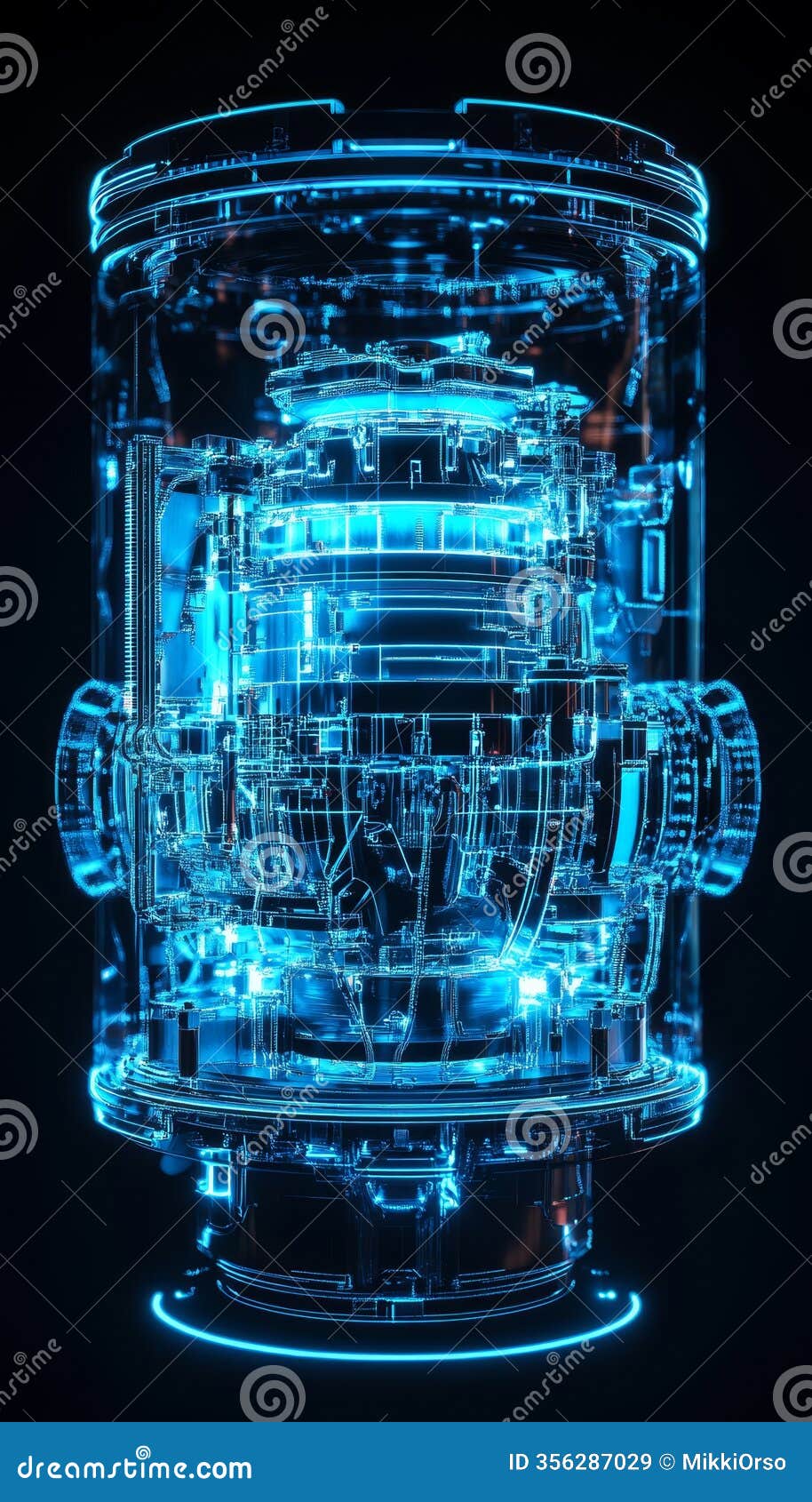 Illuminated Blue Hologram of an Engine Displaying Internal Components ...