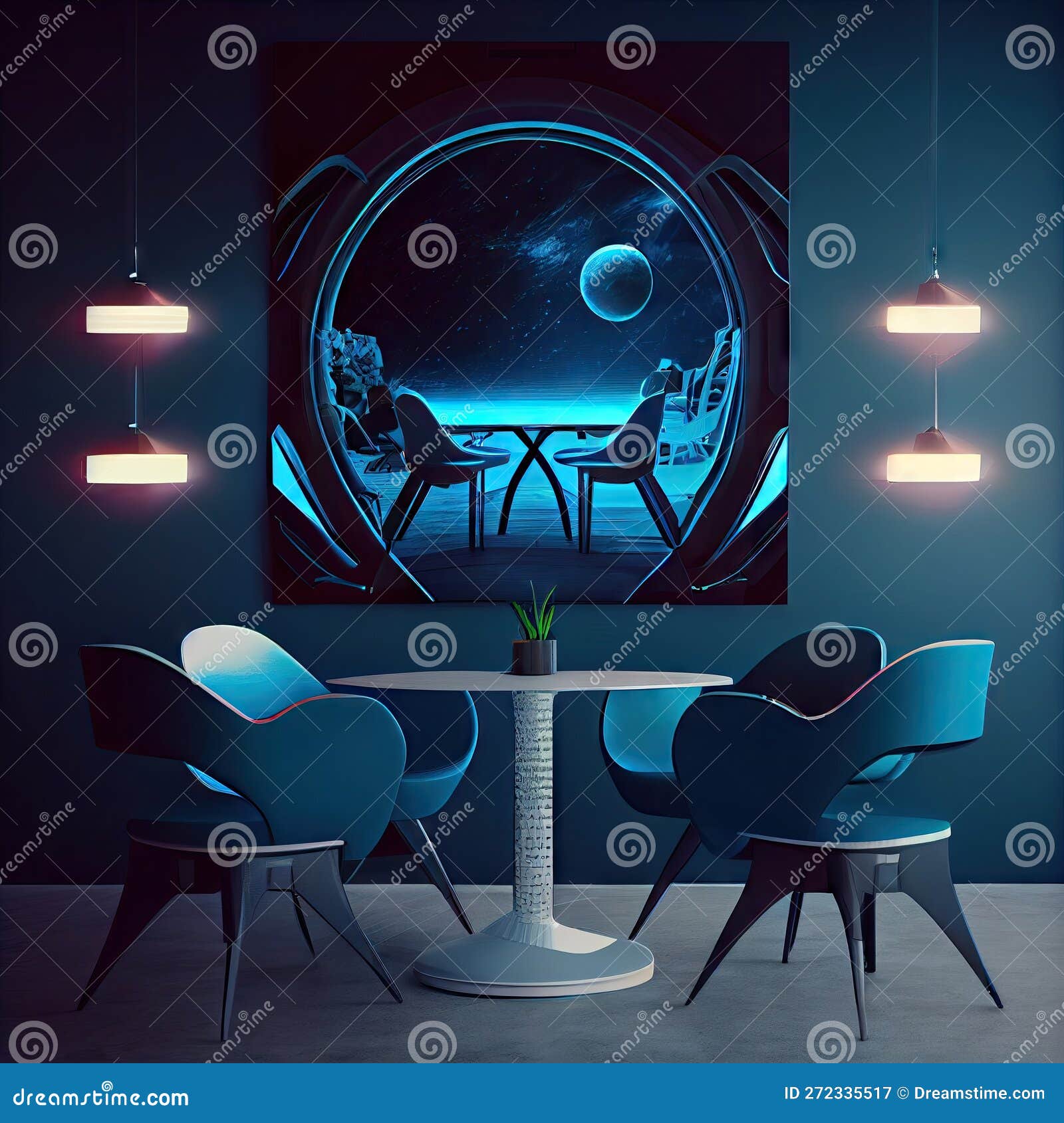 Illuminated Blue Space with Table and Chairs Sci-fi Futuristic Interior ...