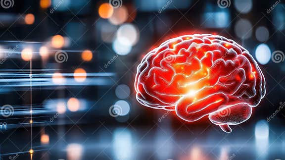Illuminated Brain, Glowing Red Neural Network Symbolizing Artificial ...