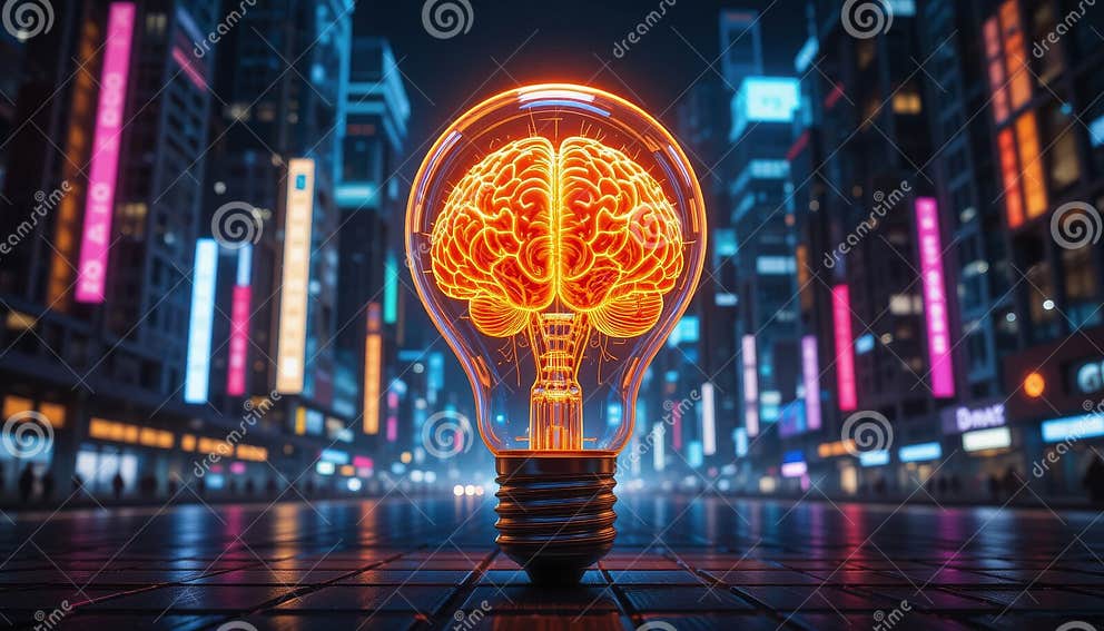 Illuminated Brain in Light Bulb Concept Stock Illustration ...
