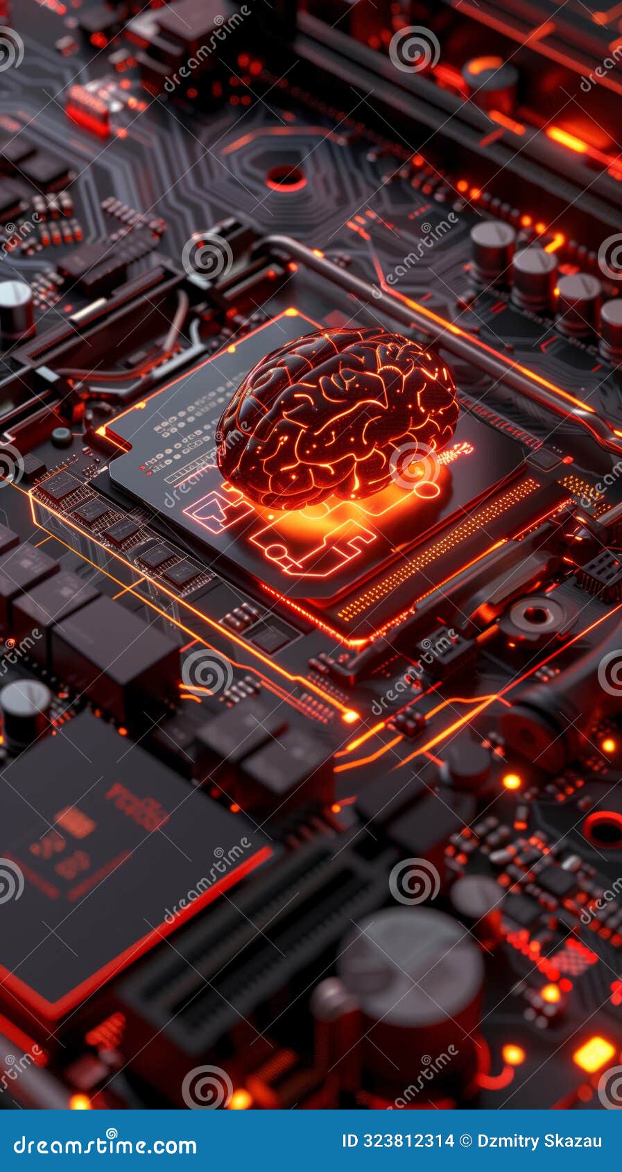 Illuminated Brain Model on a Computer Motherboard Stock Photo - Image ...