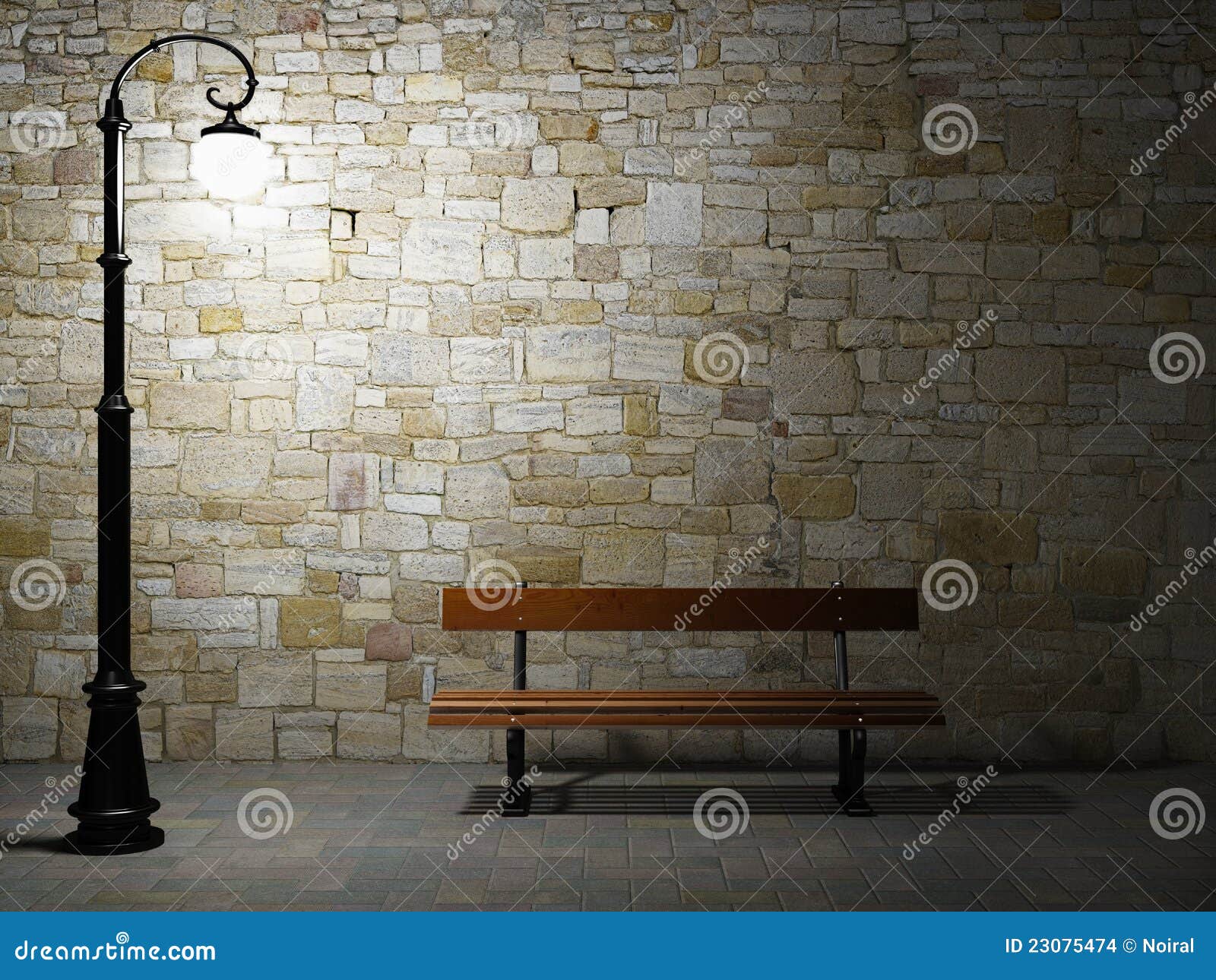 Illuminated Brick Wall with Street Light and Bench Stock Illustration ...