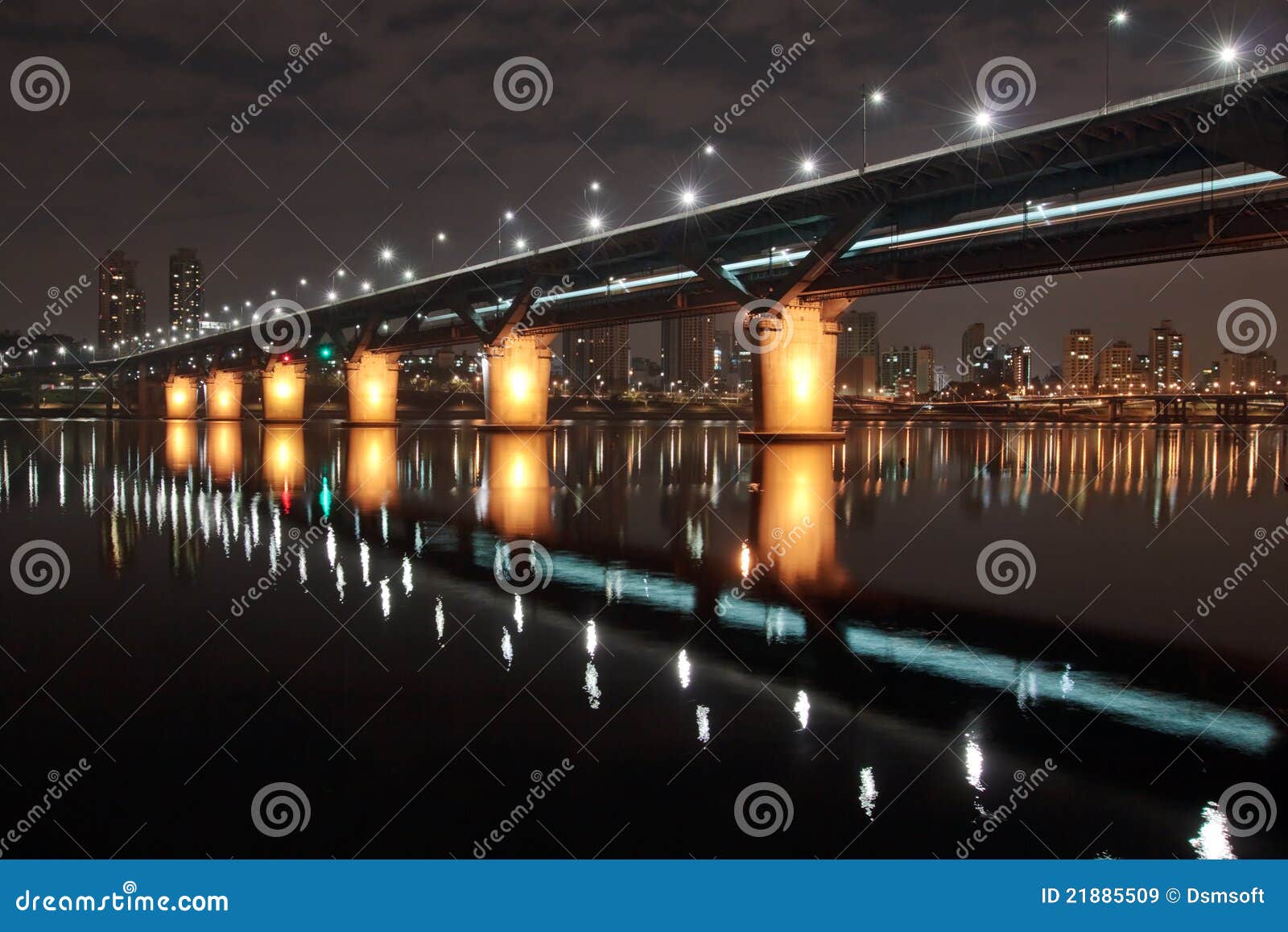 Illuminated Bridge at Night Stock Image - Image of asia, architecture ...