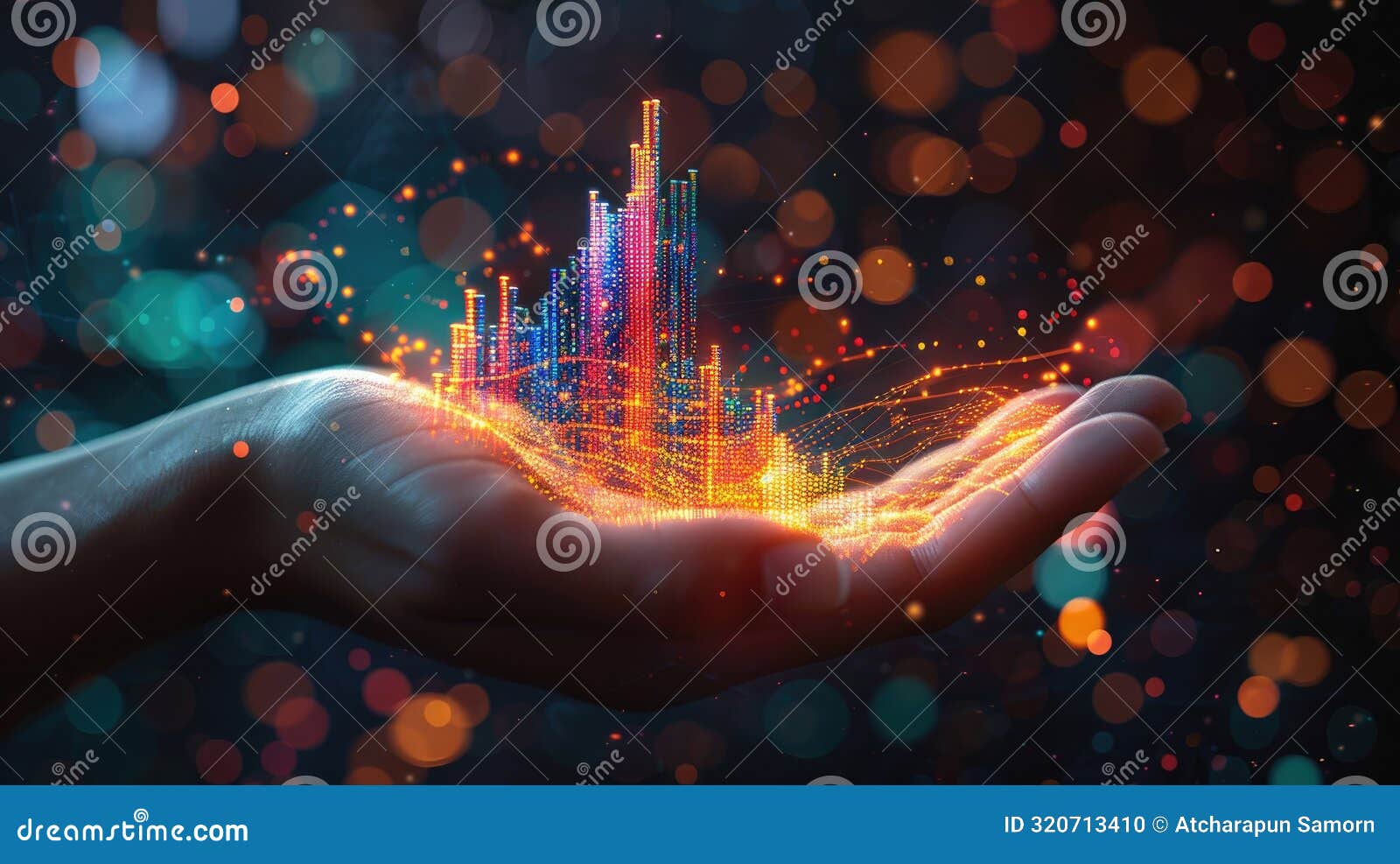 Illuminated Business Growth - Hand Presenting Holographic Bar Graph ...