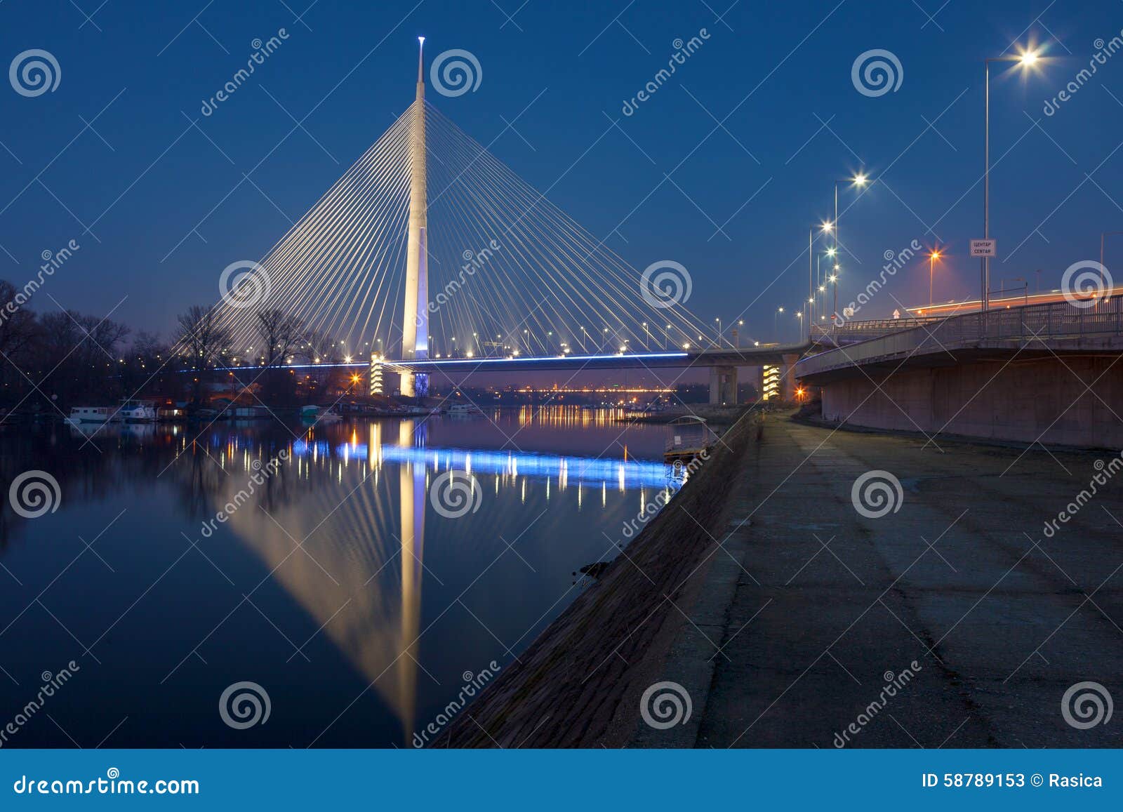 Illuminated Cable-stayed Bridge at Night Stock Image - Image of lines ...