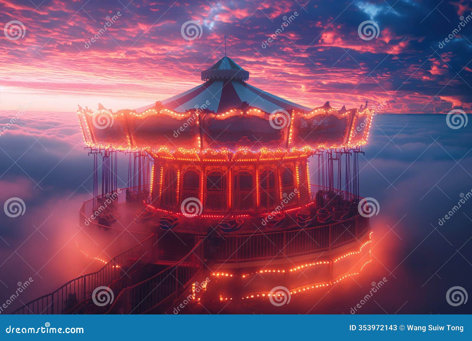 Illuminated Carousel Floating Above the Clouds at Sunset Stock ...