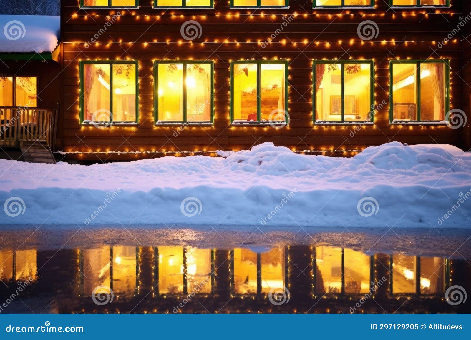 Illuminated Chalet Windows Reflecting on Fresh Snowy Ground Stock Image ...